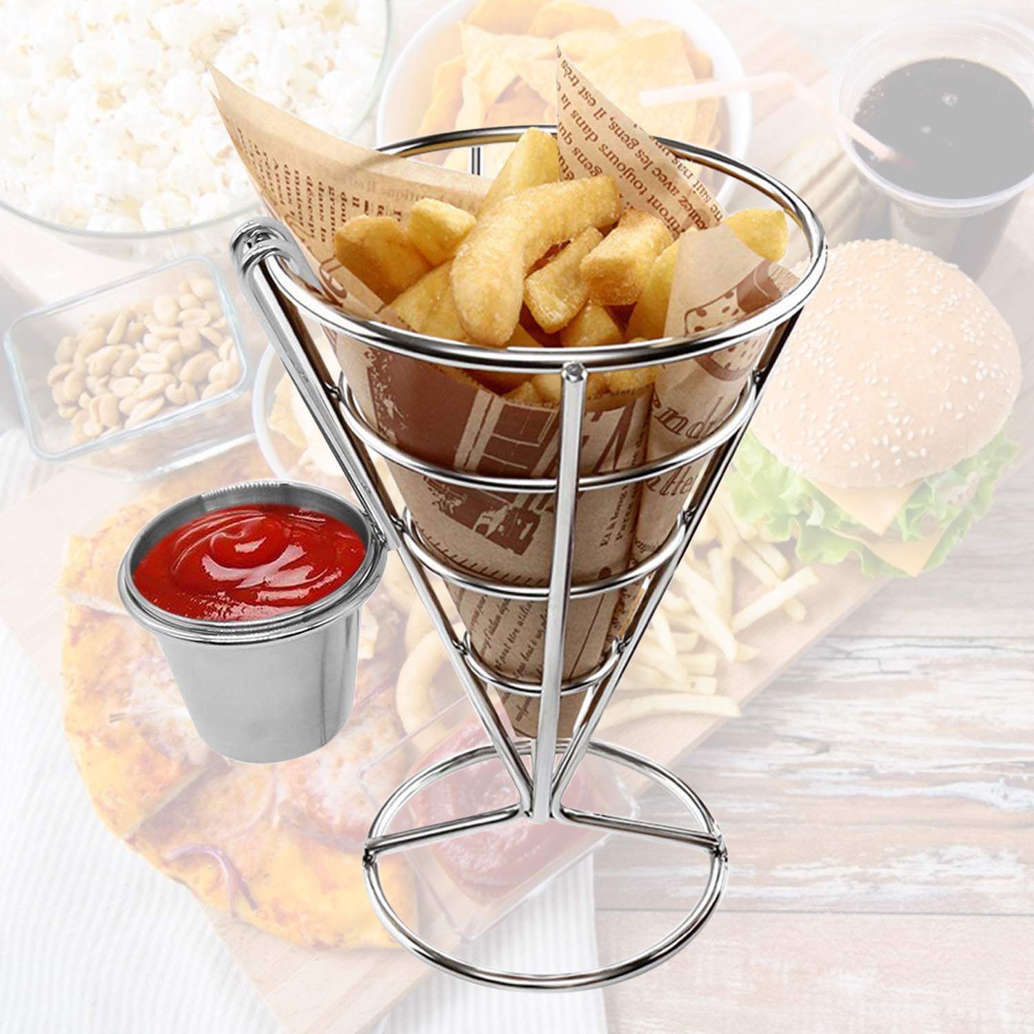 Buy French Fries Stand Cone Basket Fry Holder with 1 Dip Dishes Cone ...