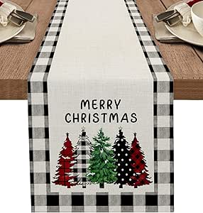 Christmas Table Runner 90 Inch Long Buffalo Plaid Christmas Trees Merry ...