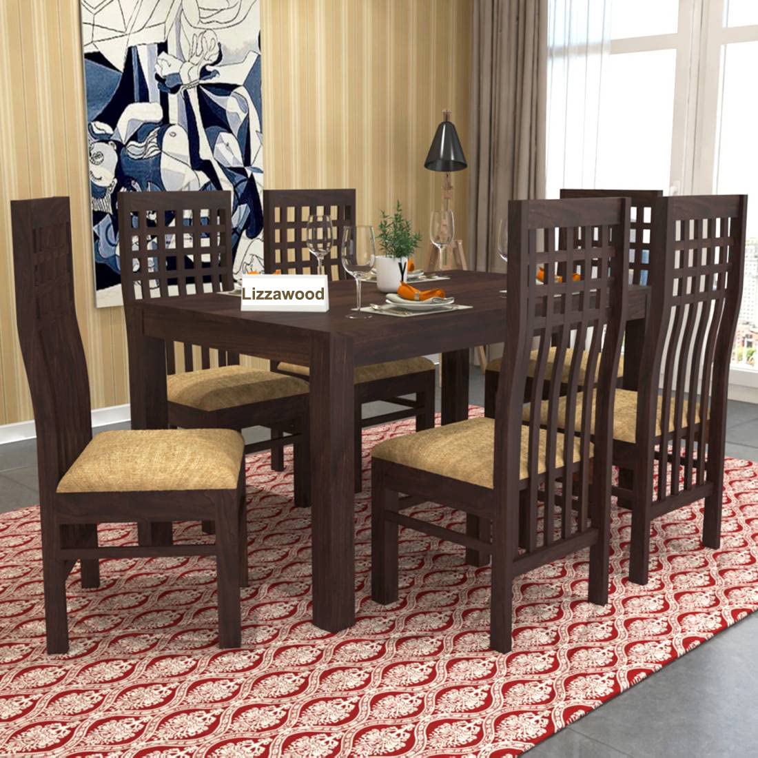 LIZZAWOOD Solid Sheesham Wood Dining Table with Chair for Living Room ...
