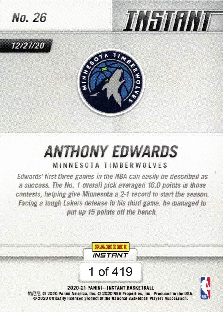 2020-21 Panini Instant Basketball #26 Anthony Edwards Rookie Card ...