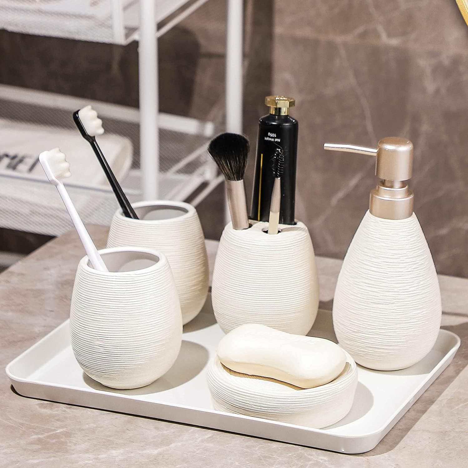 Amazon.com: BLBYHO 6 Pieces Textured Ceramic Beige Bathroom Accessory ...