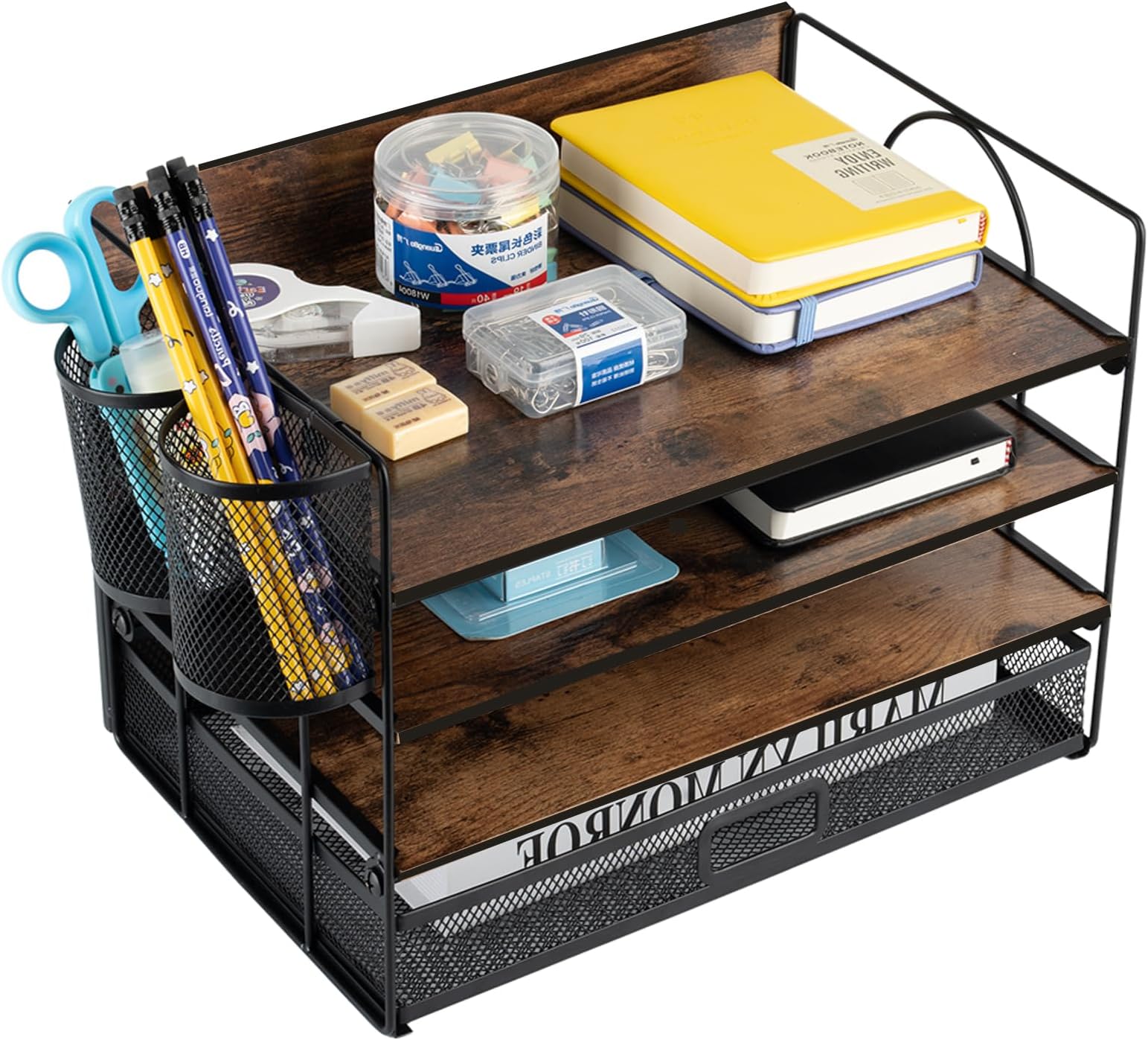 Amazon.com : IOUGDSEC 4 Tier A4 Mesh in Tray Wood & Metal Desktop File ...