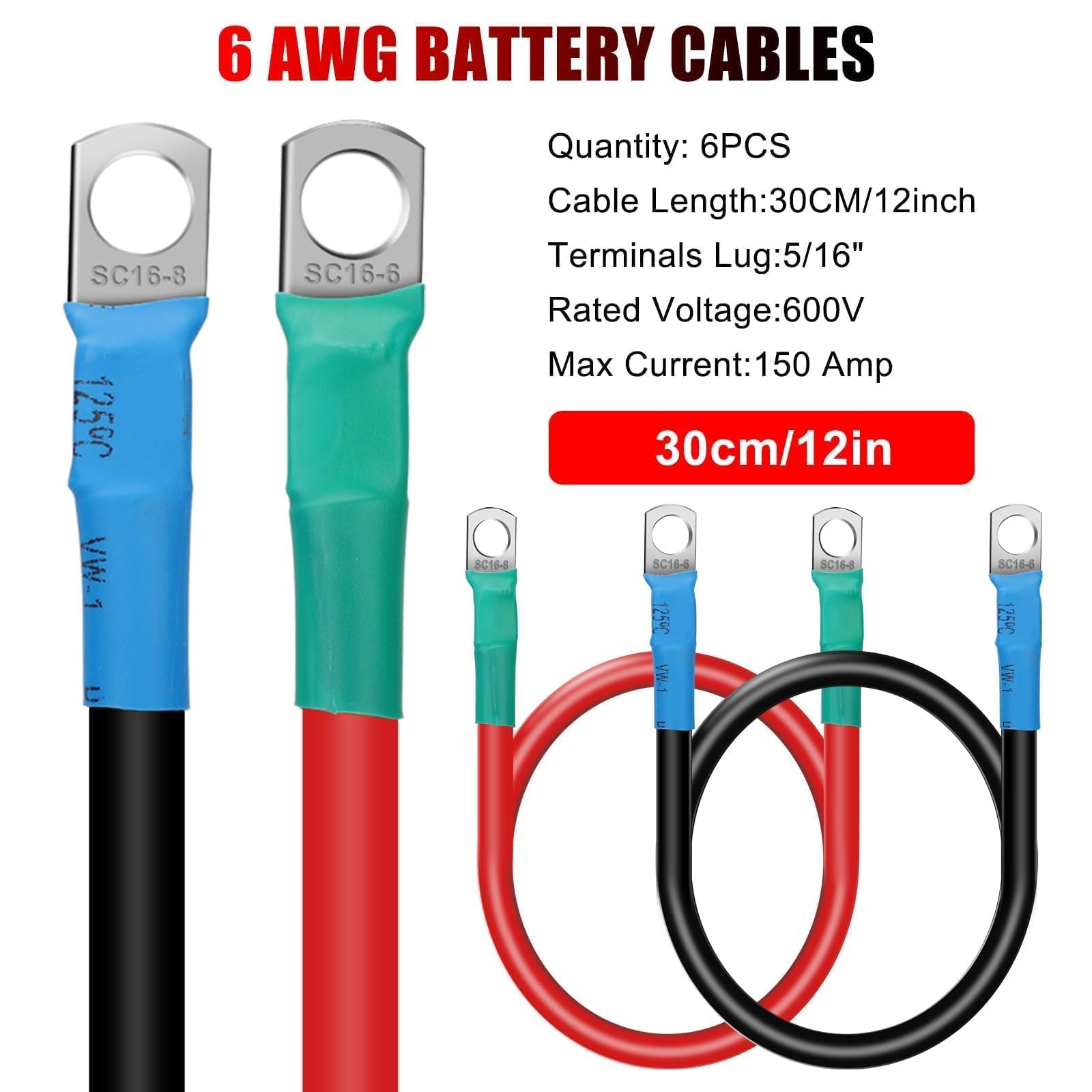 Snapklik.com : Linkstyle 6PCS 6 AWG Gauge Battery Cables, 30CM/12Inch ...
