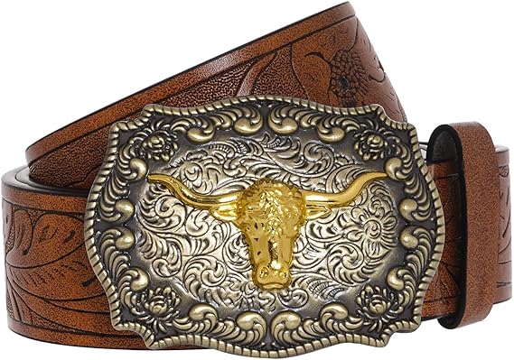 SUMERSHA Western Cowboy Belt for Men Women Leather Buckle Belt Longhorn ...