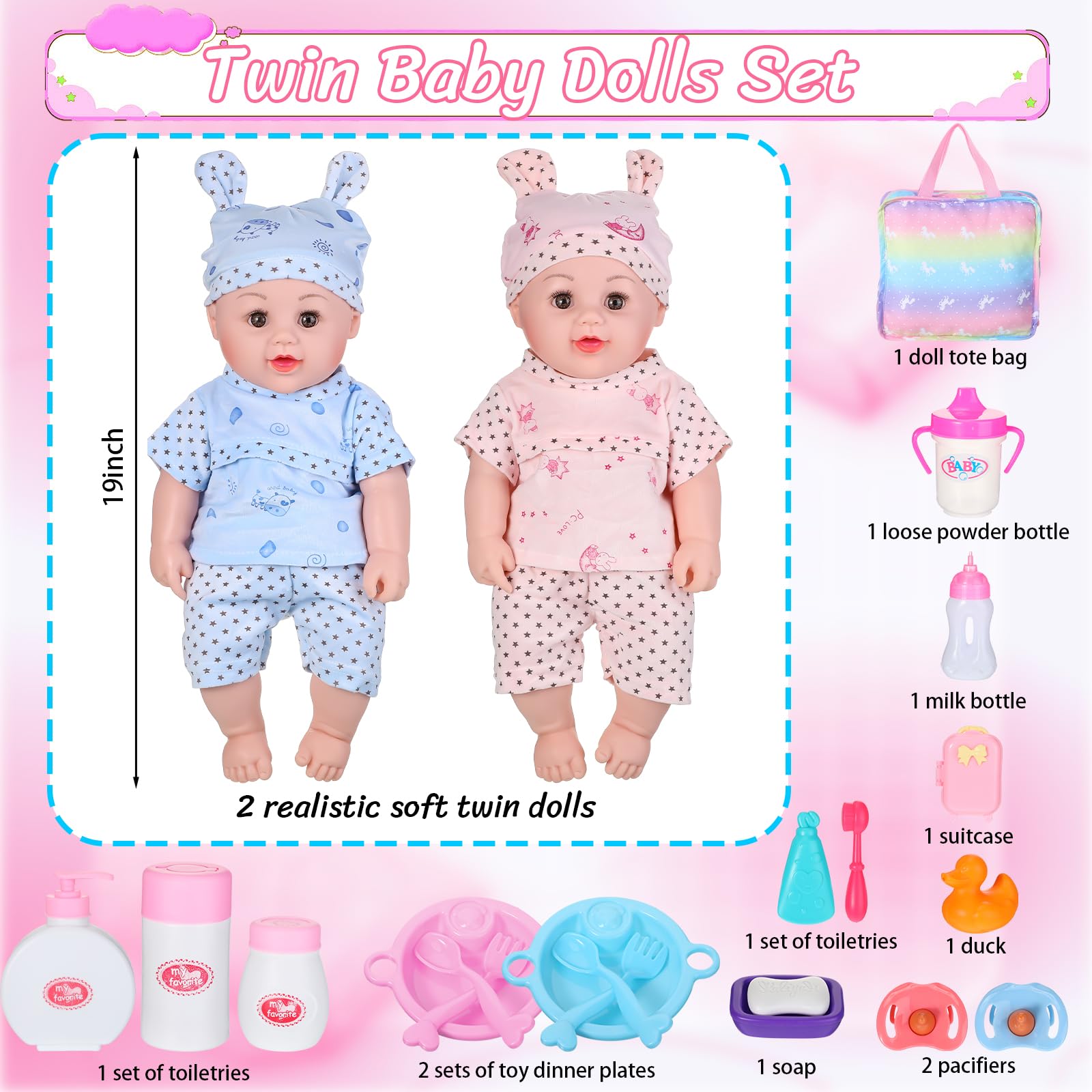Jerify 16 Pcs Twin Baby Dolls Set 19 Inch Soft Baby Dolls with Dinner ...