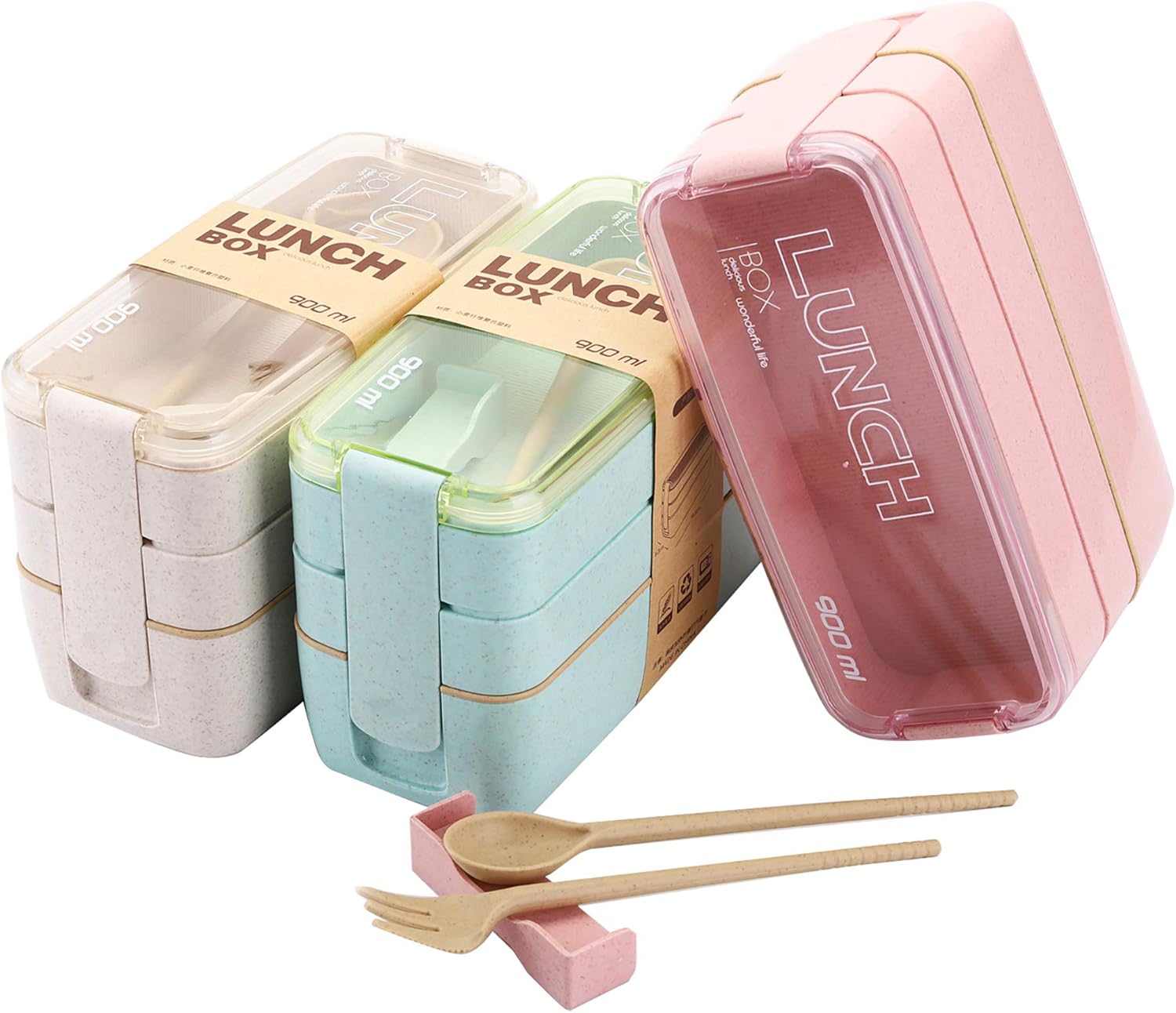 Yesland 3 Pack Bento Box, Wheat Straw 3-in-1 Compartment Japanese Lunch ...