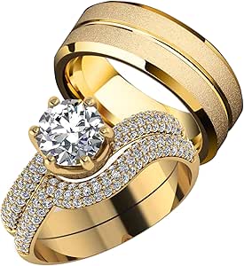Amazon.com: ringheart Couple Rings Matching Ring 1.5ct CZ Gold Plated Women Wedding Ring Sets ...