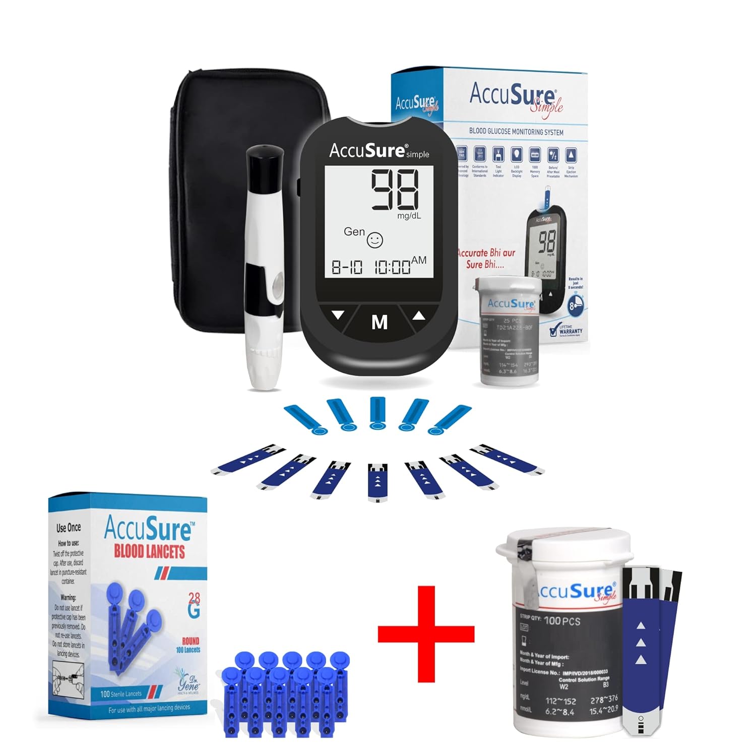 AccuSure Instant Digital Simple Glucometer Kit With 100 Blood Lancet ...