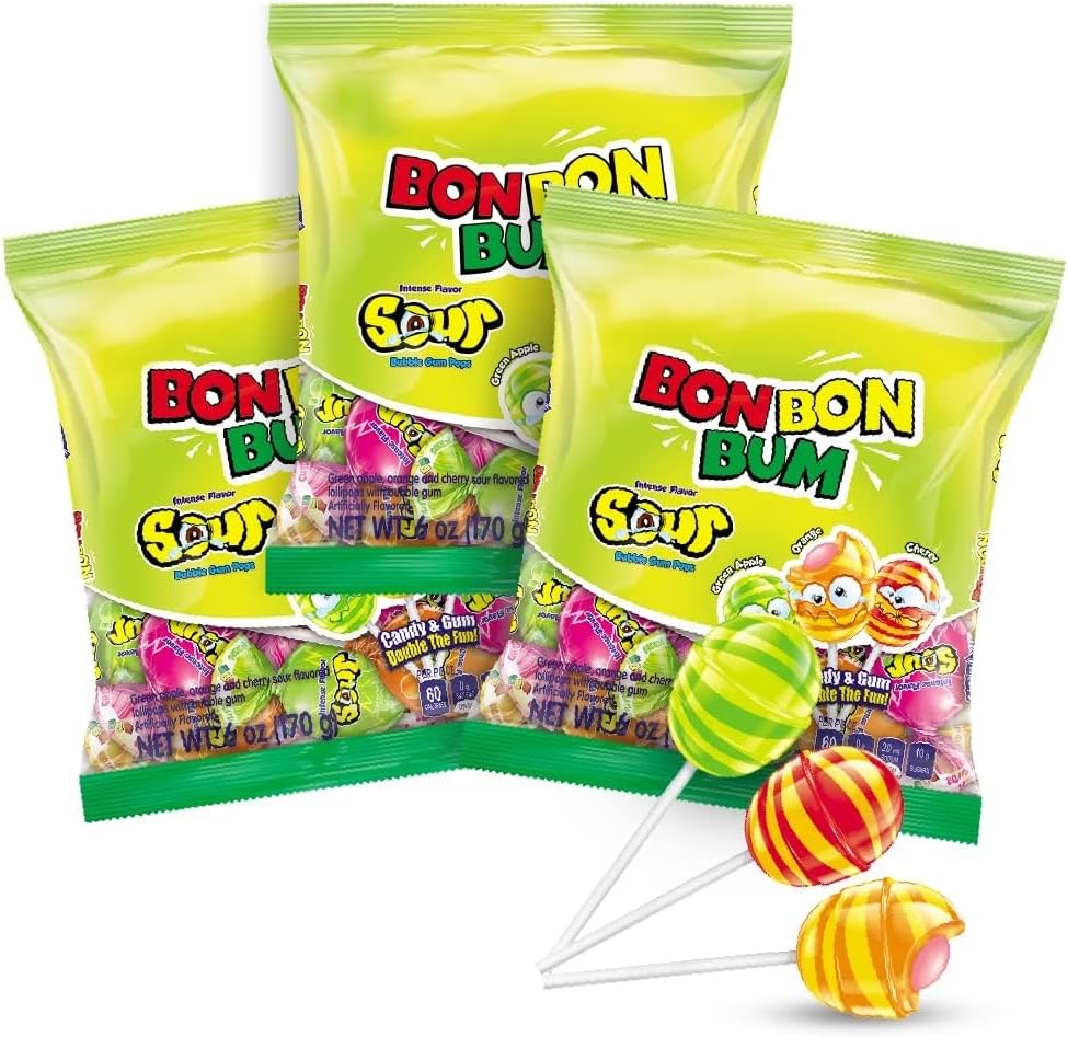 Amazon.com : Bon Bon Bumm Bubble Gum Pops w/Bubble Gum Center Sour ...