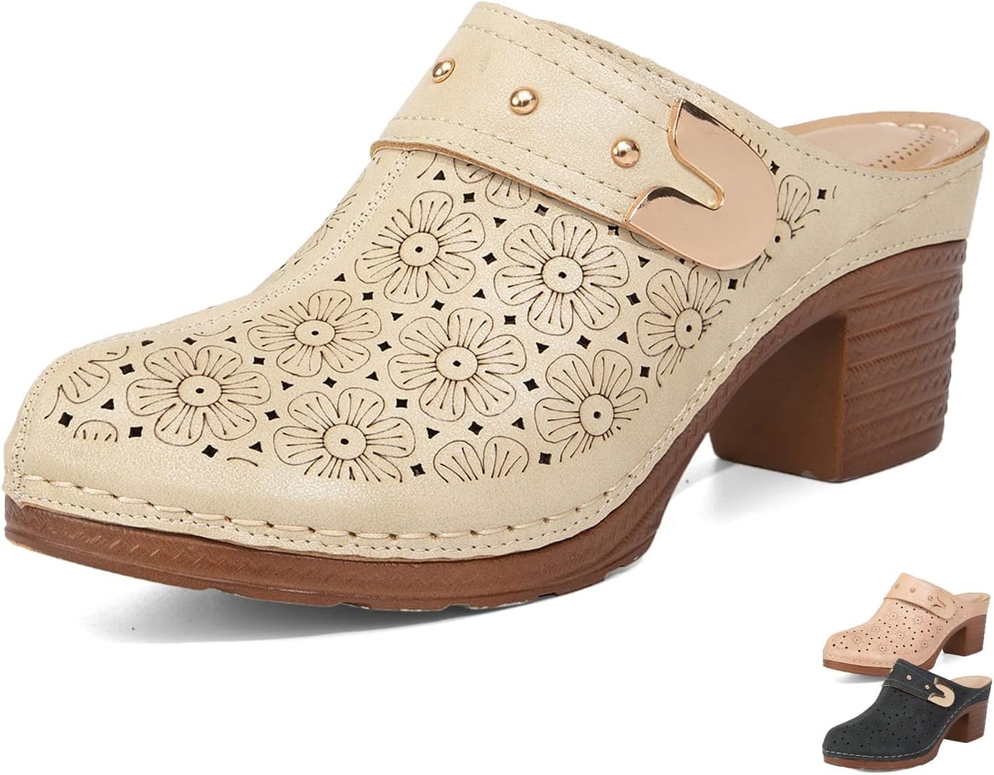 Amazon.com | Lymphvity Women's Embroidered Platform Chunky Heel Clogs ...