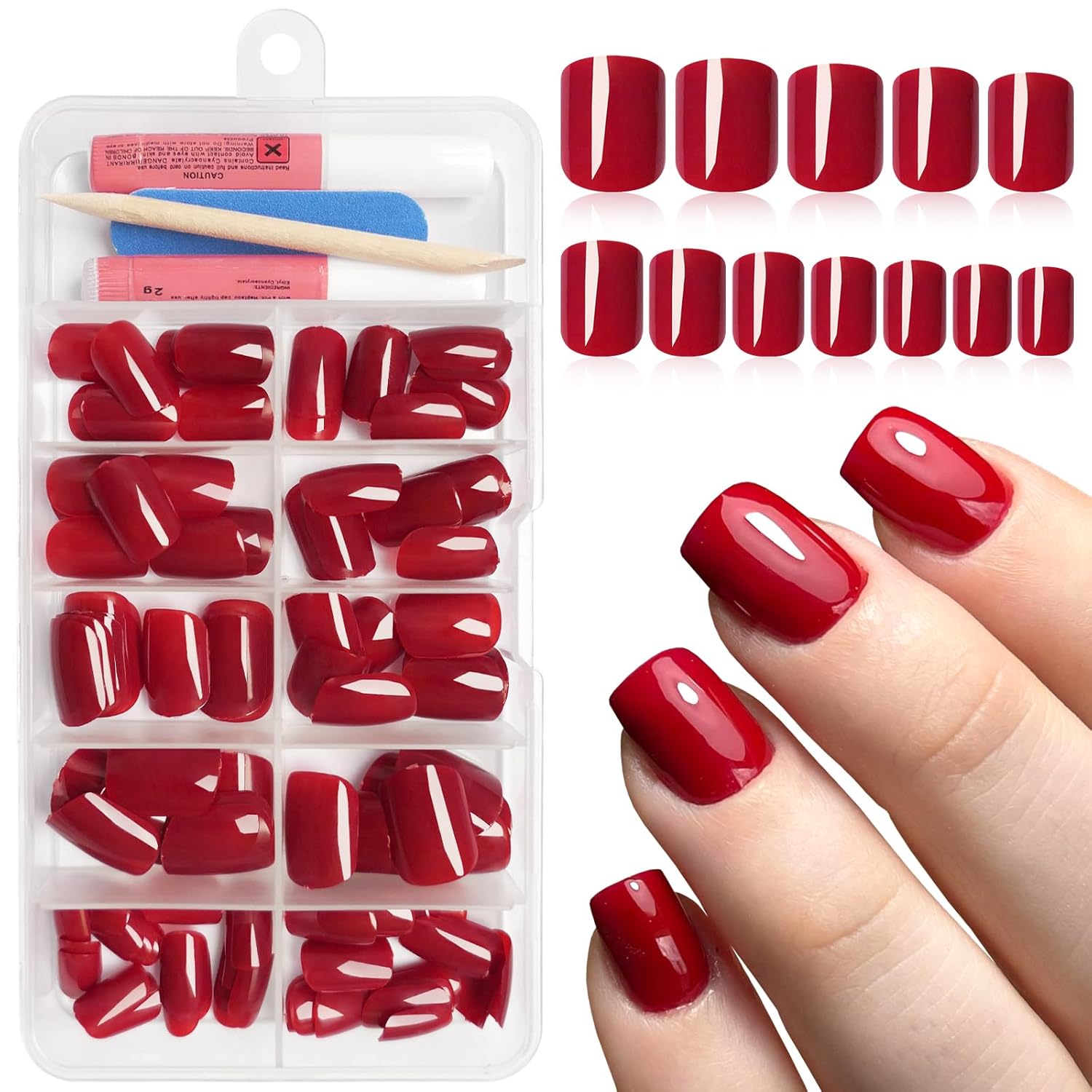 Amazon.com: Bellelfin Square Press on Nails Short, 120Pcs Glossy Red ...