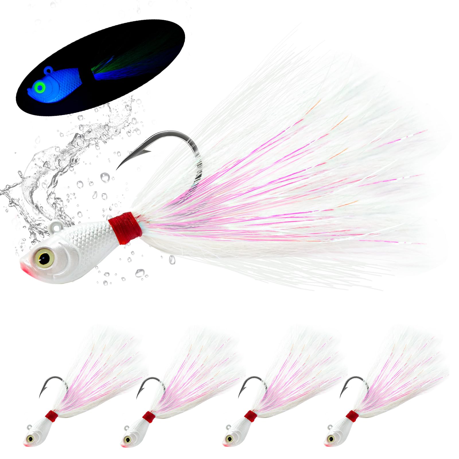UV Glowing Strong Hook Bucktail Jigs Saltwater Hair Jigs-Head Fishing ...