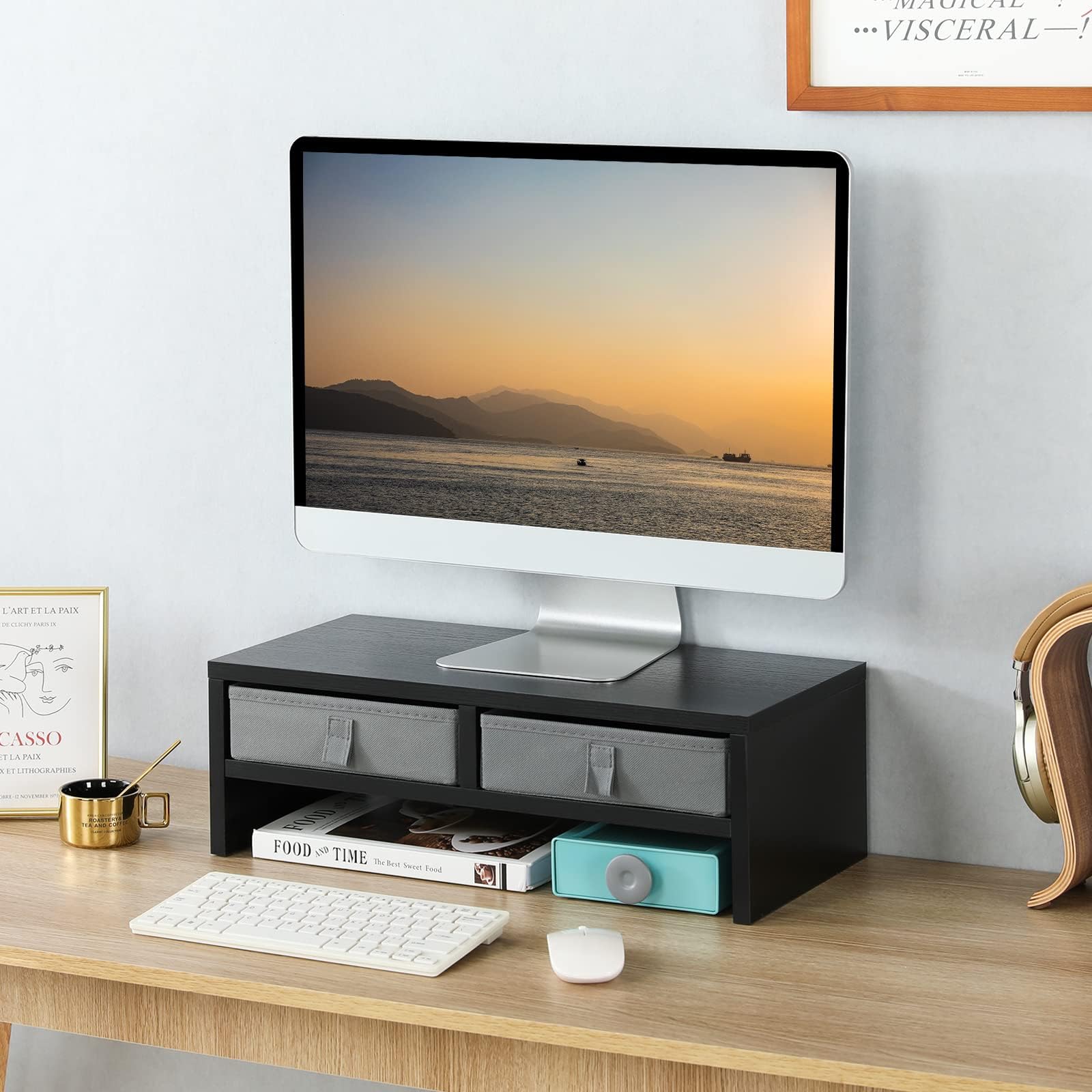 Amazon.com: POCURBAN Monitor Stand Riser with Drawers, Computer Monitor ...
