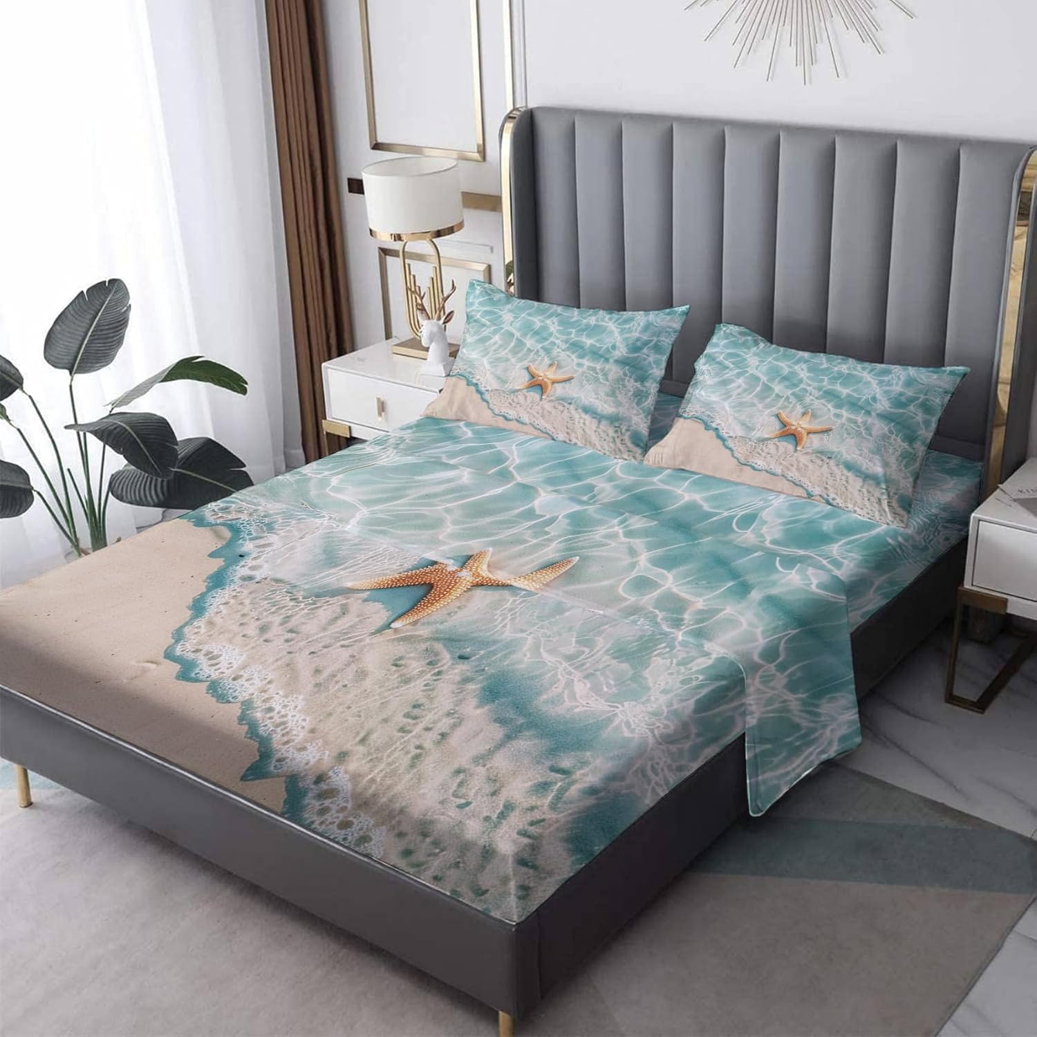 Amazon.com: Rejkxyw Starfish Sea Beach Sheets Twin Size, Sea Wave ...