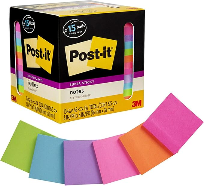 Amazon.com : Post-it Super Sticky Notes, Assorted Bright Colors, 3 in x ...