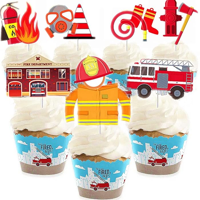 Buy YiiiGoood 24 Pack Fireman Firefighter Cupcake Toppers Fire Truck ...
