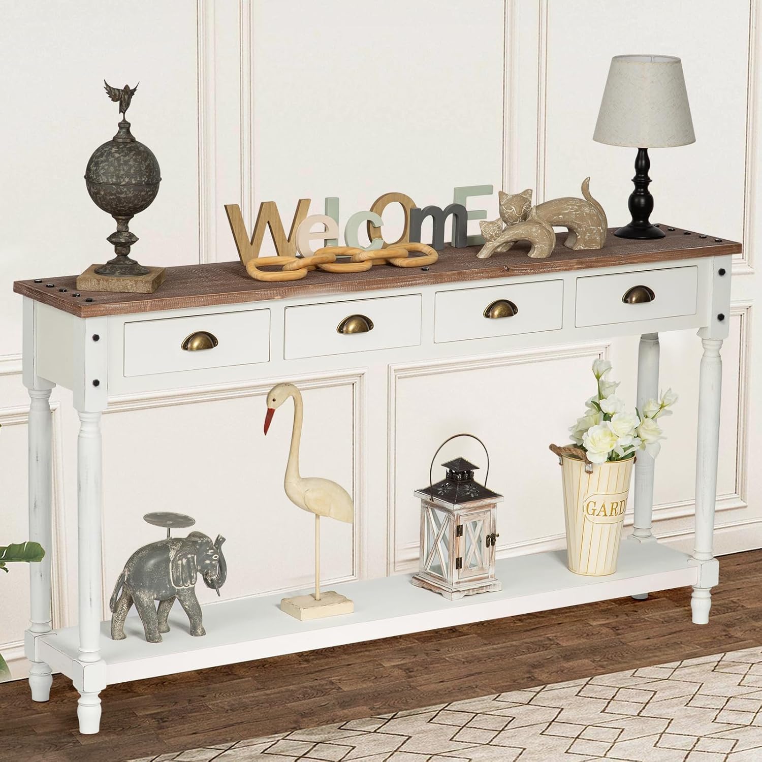 Amazon.com: Wnutrees Farmhouse Console Table with 4 Drawers, 60" Long ...