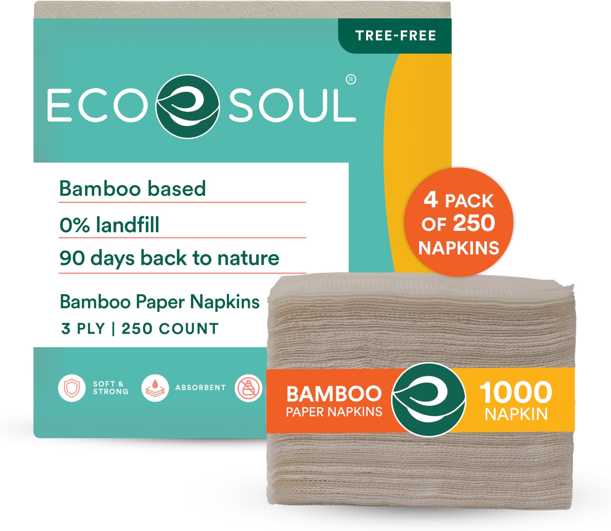 ECO SOUL 100% Compostable Bamboo Paper Napkin 1000 Count | Pack of 4 ...