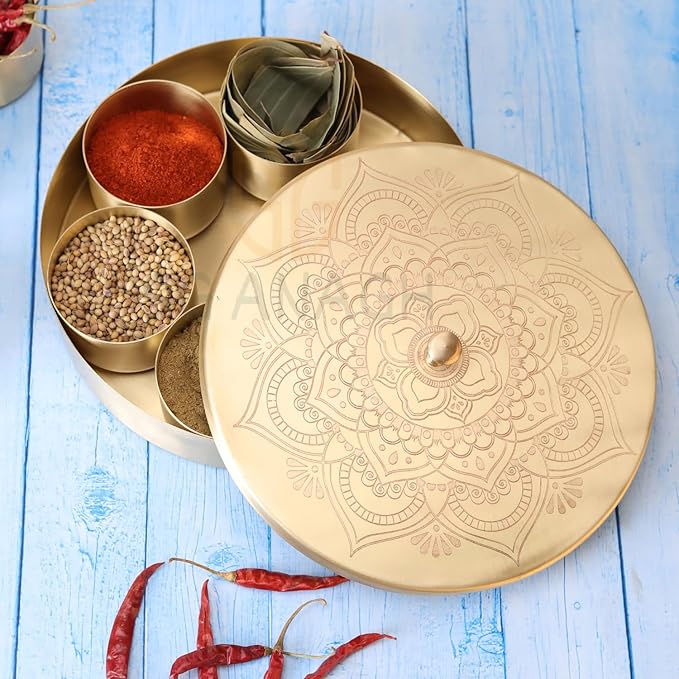 Amazon.com: Brass Round Spice Box Masala Dabba-Spice Box Set With Spoon ...