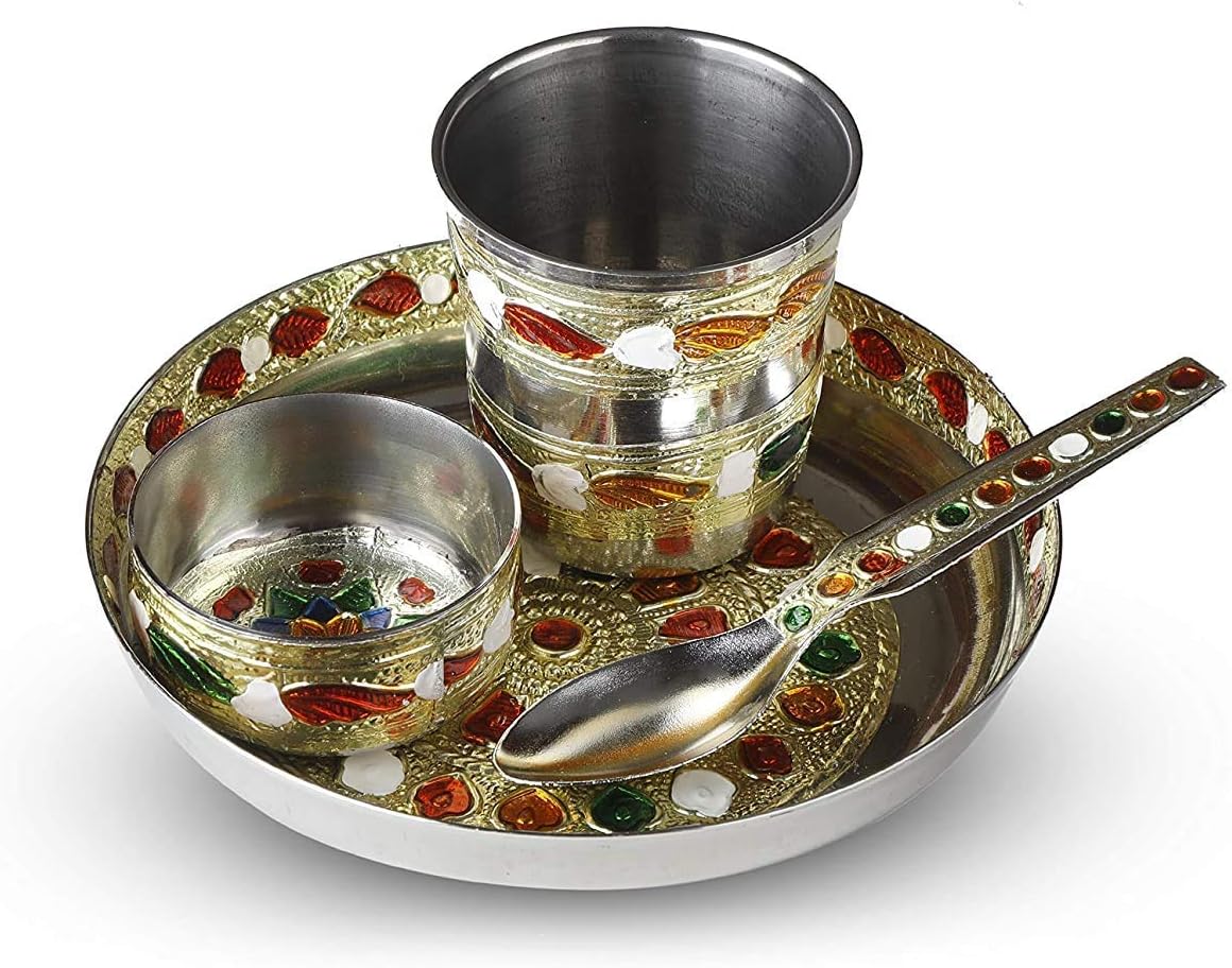 Amazon.com: Steel bhog thali set of 4 pcs for laddu gogal bhog thali ...