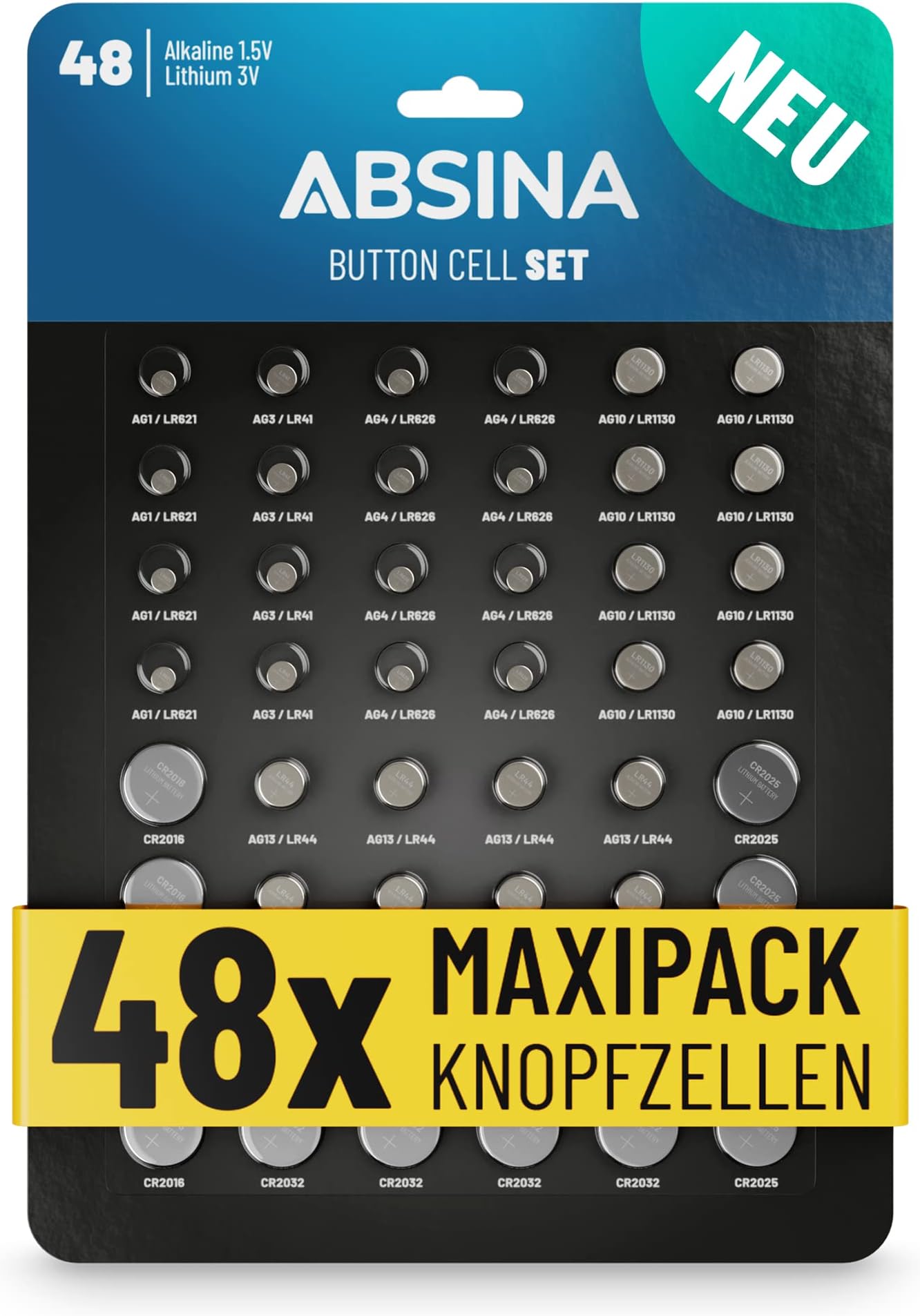 ABSINA 48er Pack Alkaline & Lithium Knopfzellen - 4X AG1 / 4X AG3 / 8X ...