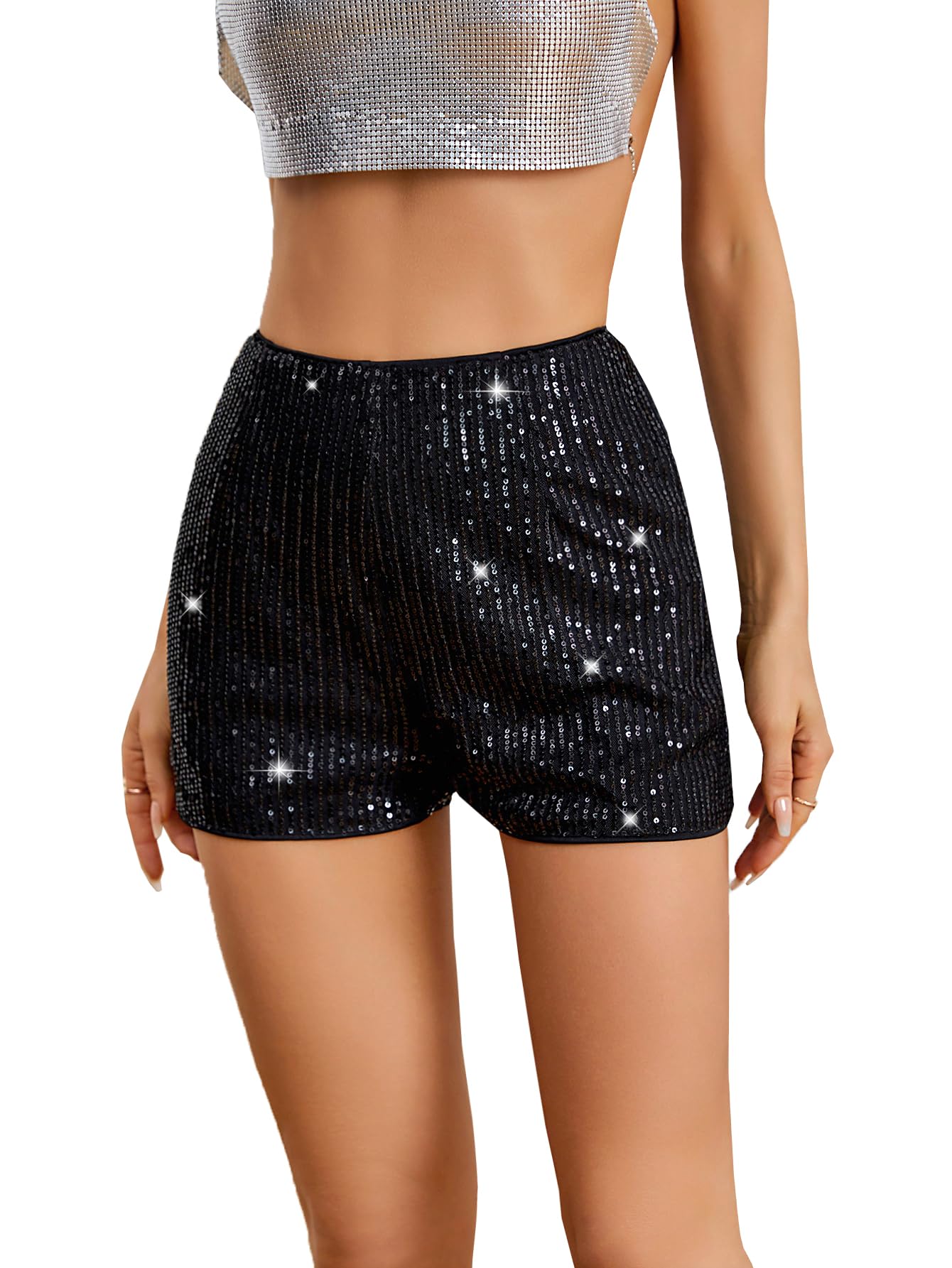 SweatyRocks Women's Sequins High Elastic Waist Straight Leg Shorts ...