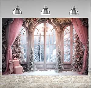 Amazon.com : 8X6 Feet Pink Christmas Tree Window Photography Backdrop ...