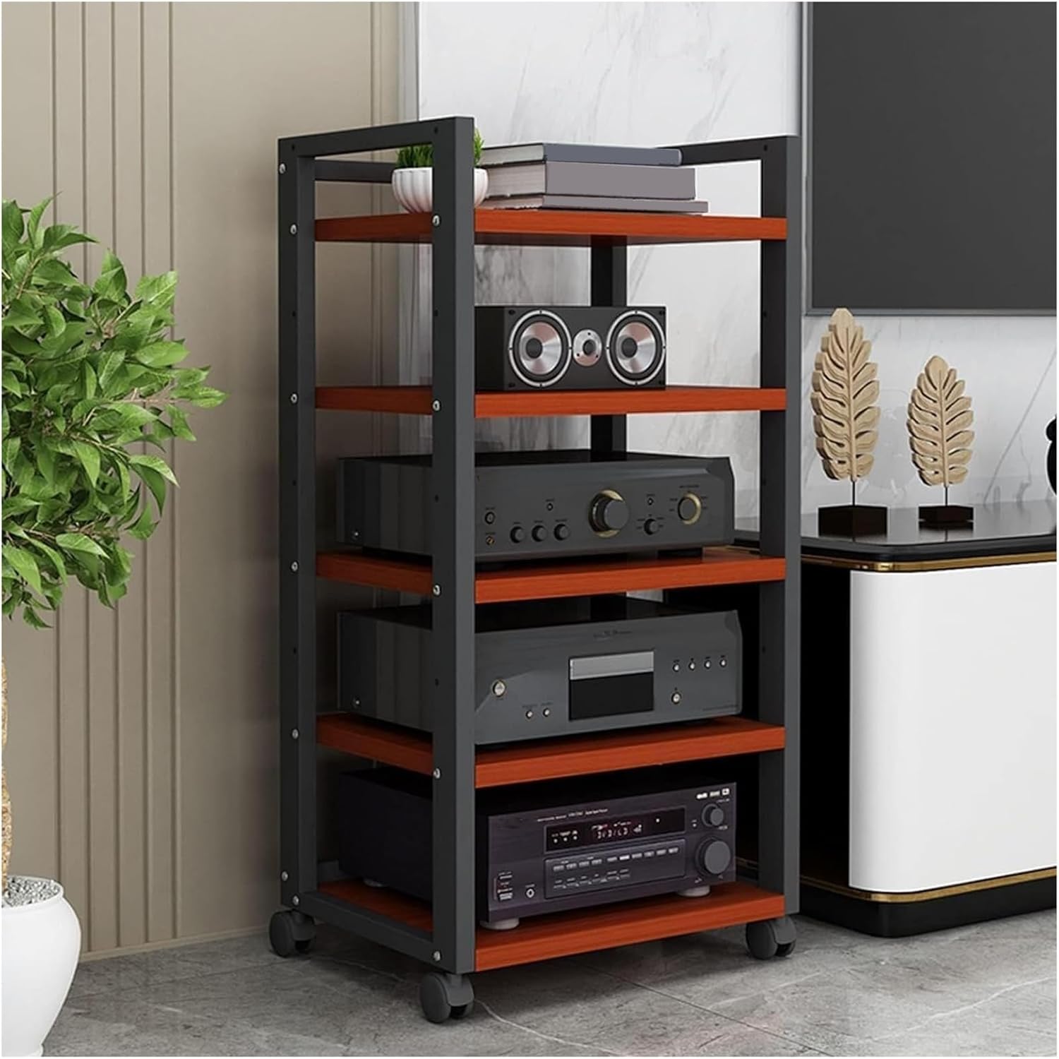 Amazon.com: 5-Tier Corner Wood Shelf with Wheels, Multifunctional Audio ...