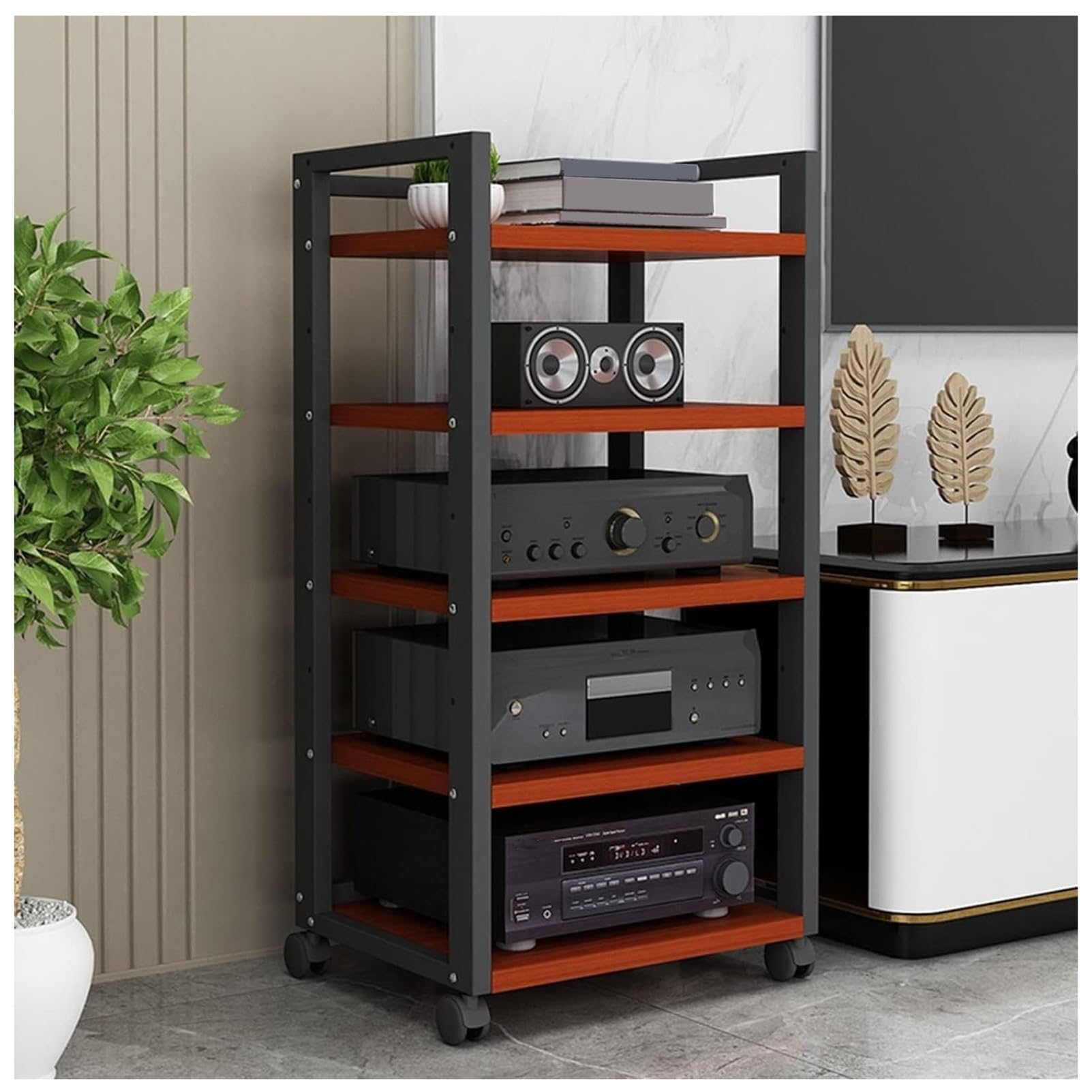 Amazon.com: 5-Tier Corner Wood Shelf with Wheels, Multifunctional Audio ...