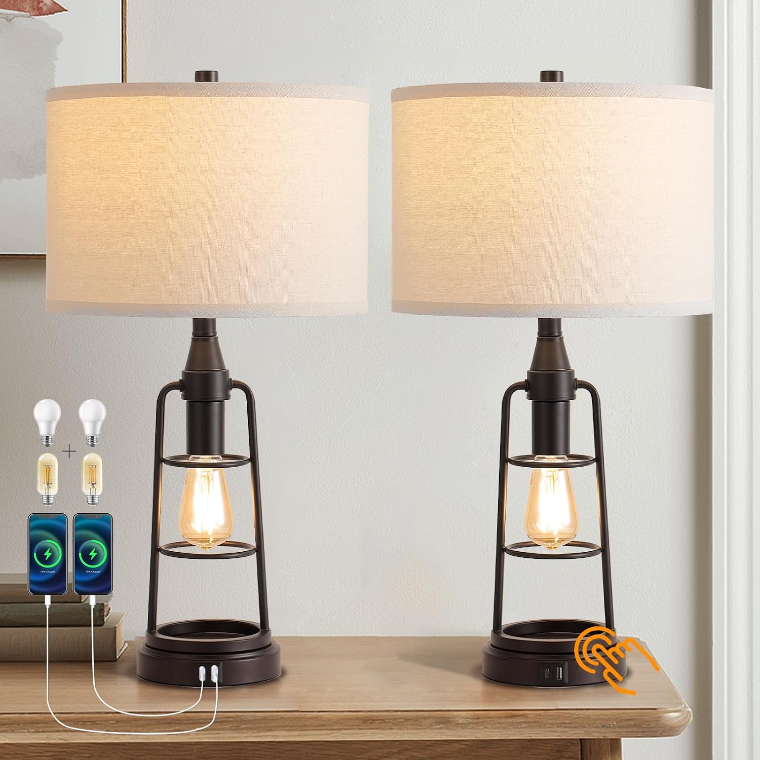 Hermasgi Farmhouse Dual USB Charging Ports 3-Way Dimmable Touch Control ...