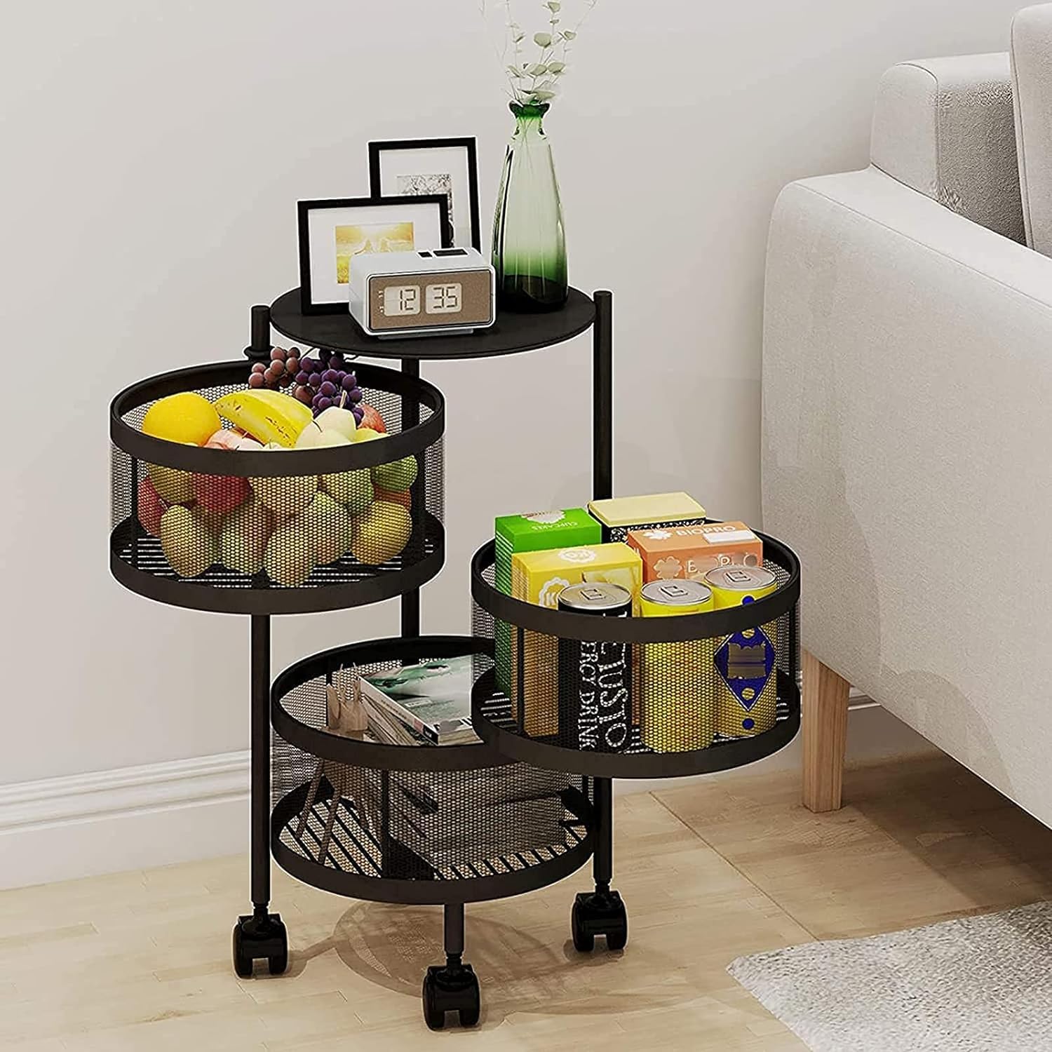 CHESTON Rotating Kitchen Storage 3 Layer Trolley | Portable Carbon ...