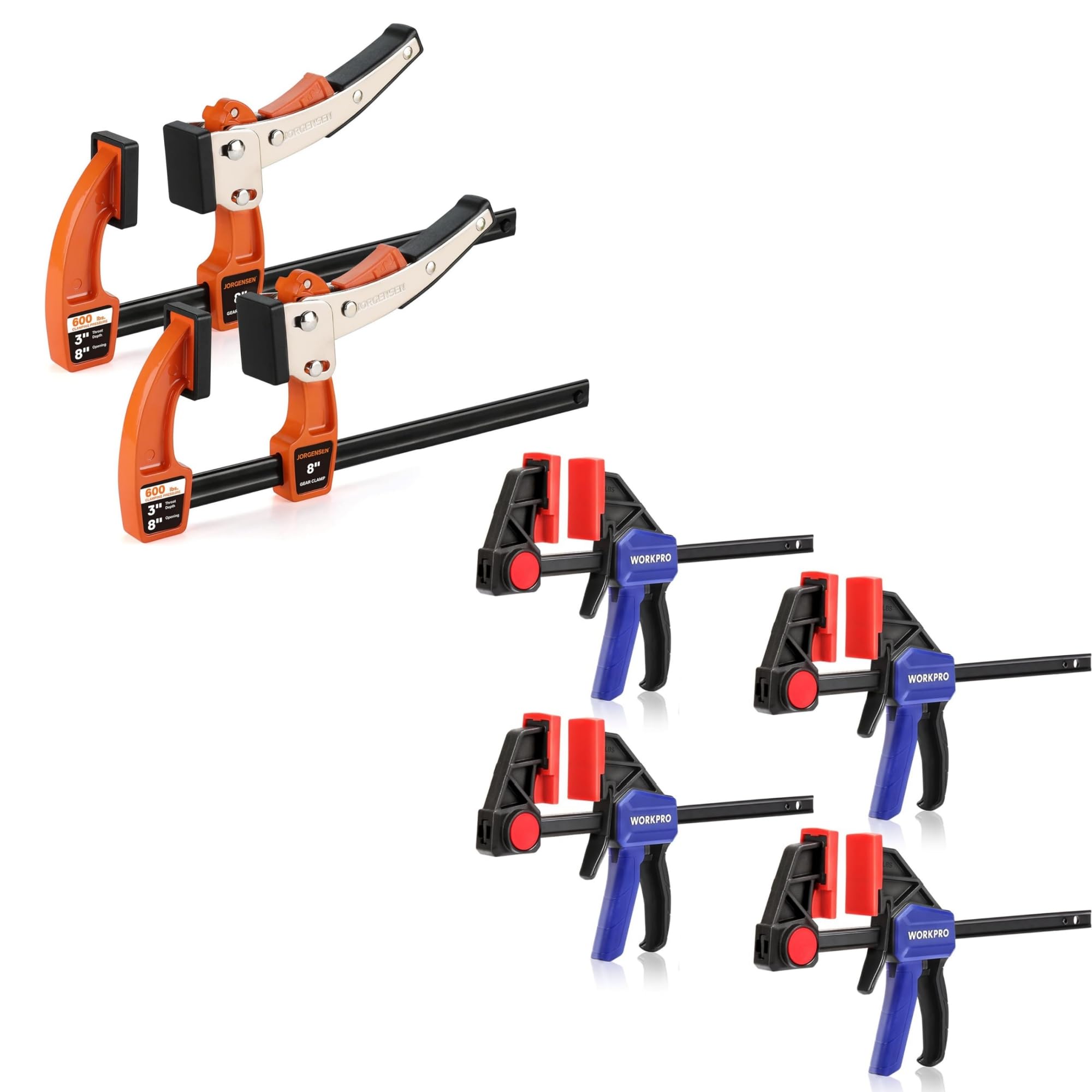 Jorgensen 2 Pack 8-inch Bar Clamp Set and WORKPRO 4 Pack 6" Bar Clamps ...