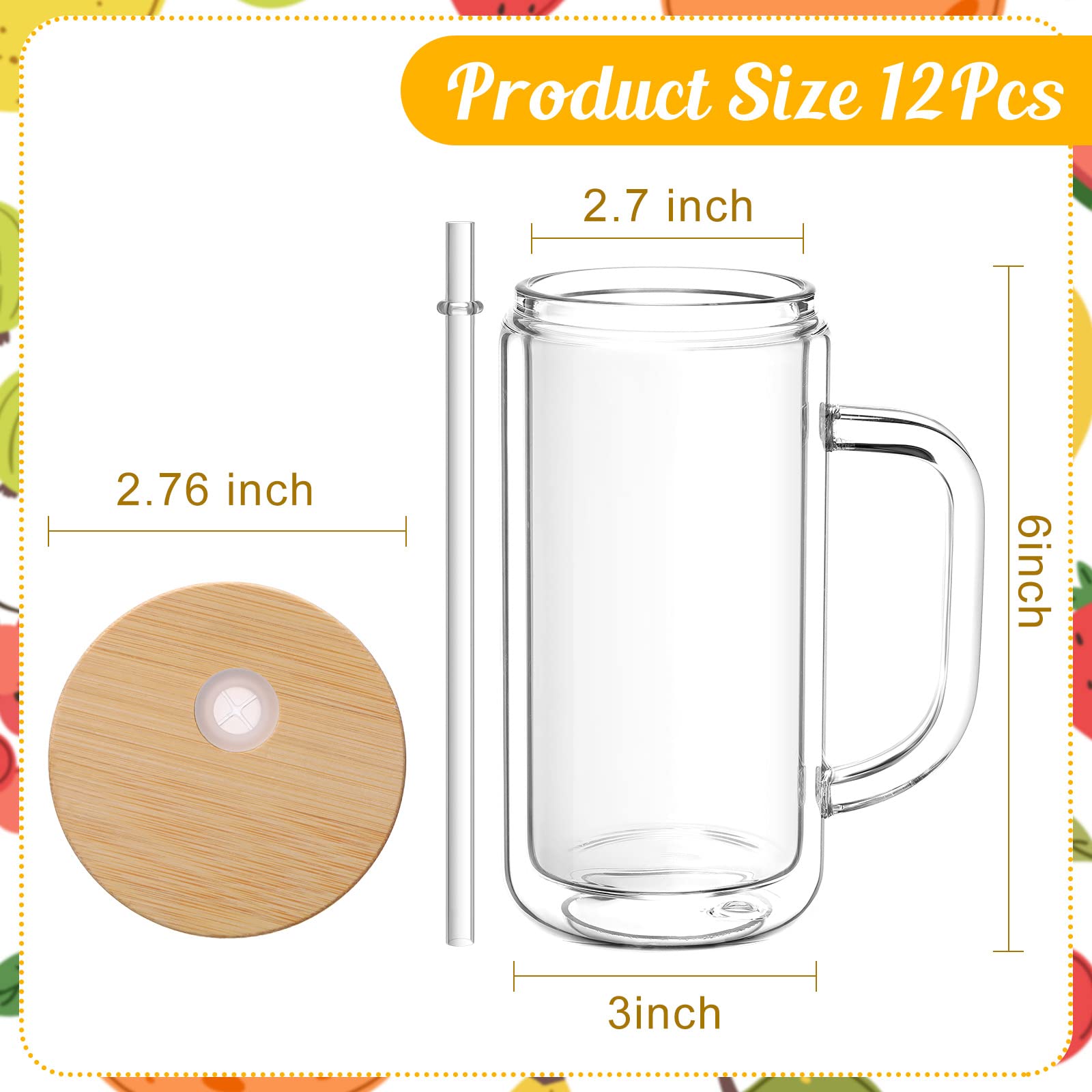 12 Pack Glass Tumbler with Bamboo Lids and Straw Double Wall Beer Can ...