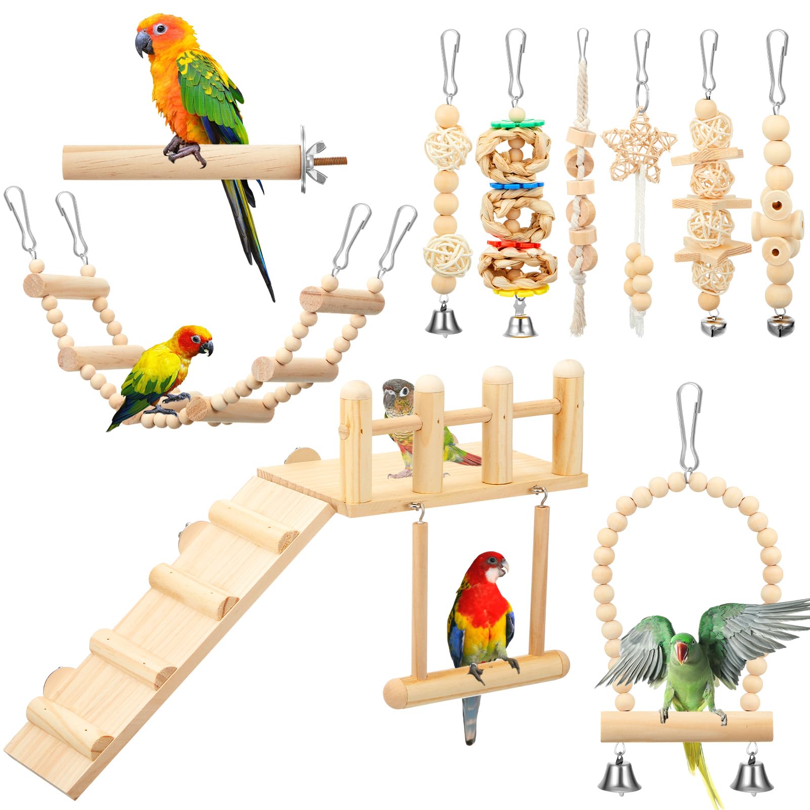 Amazon.com : 10 Pcs Bird Parrot Swing Toys and Wooden Bird Perches ...