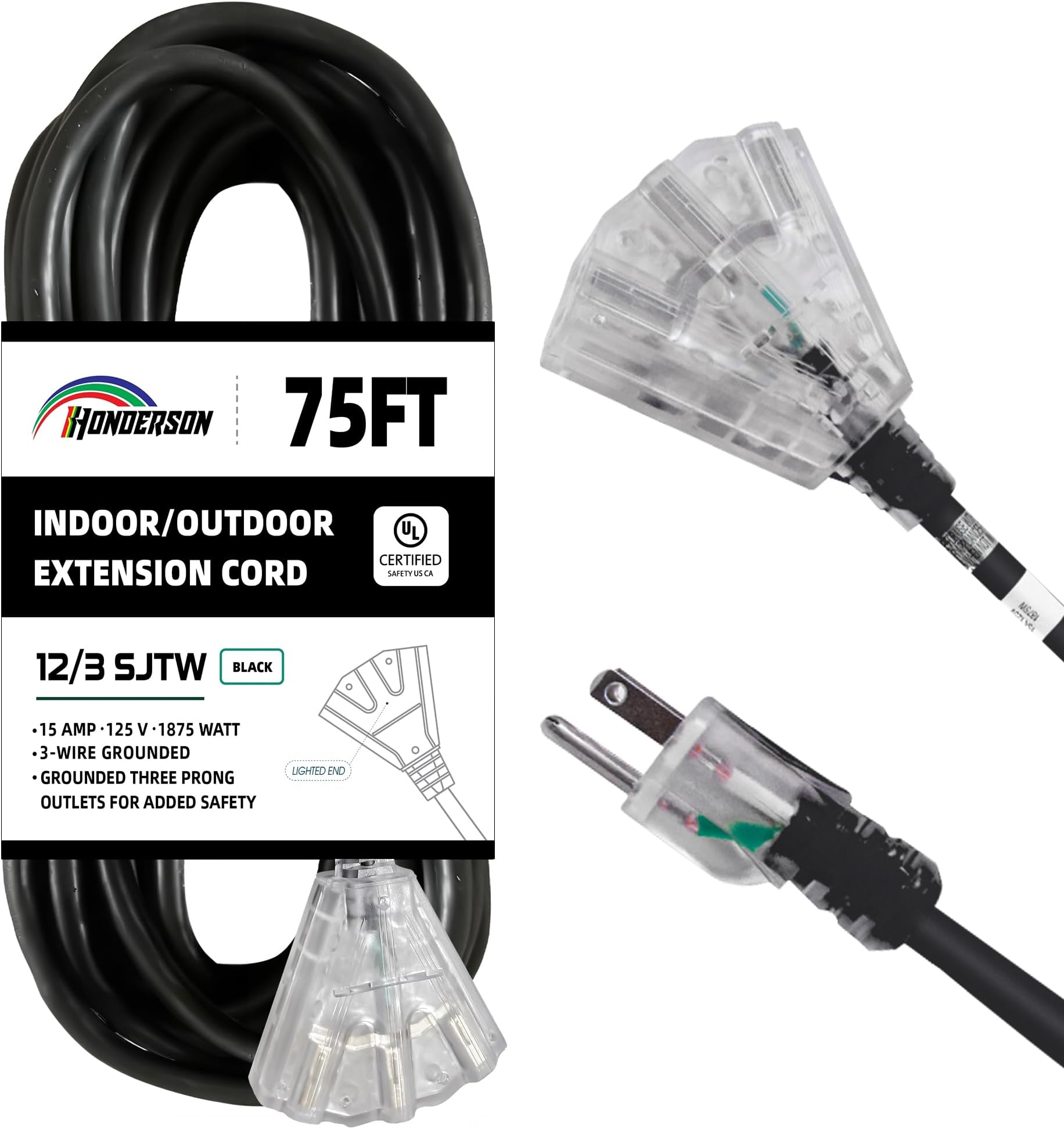 Outdoor Extension Cord 75 FT with 3 Outlets, 3 Prong 90 Degree Angled ...