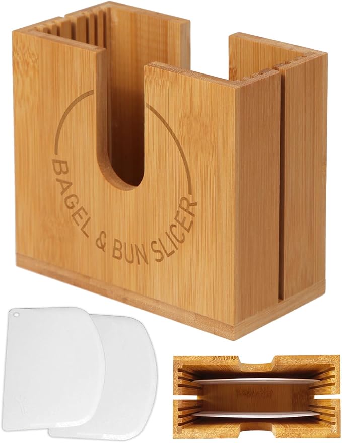 Amazon.com: Large Adjustable Bagel Slicer Holder | Bamboo Bagel Cutting ...