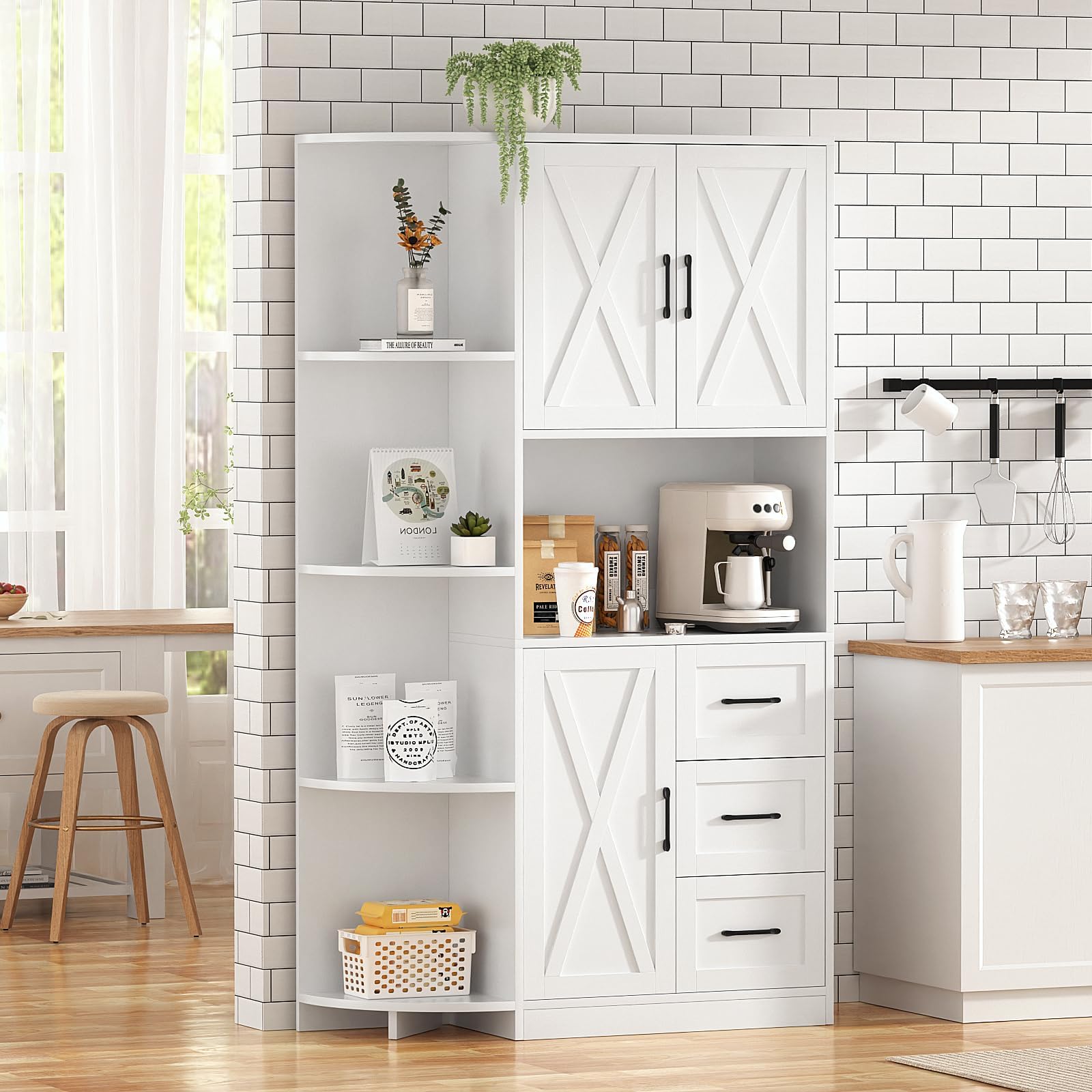 Amazon.com: HOSTACK 76" Tall Farmhouse Kitchen Pantry Cabinet, Kitchen ...