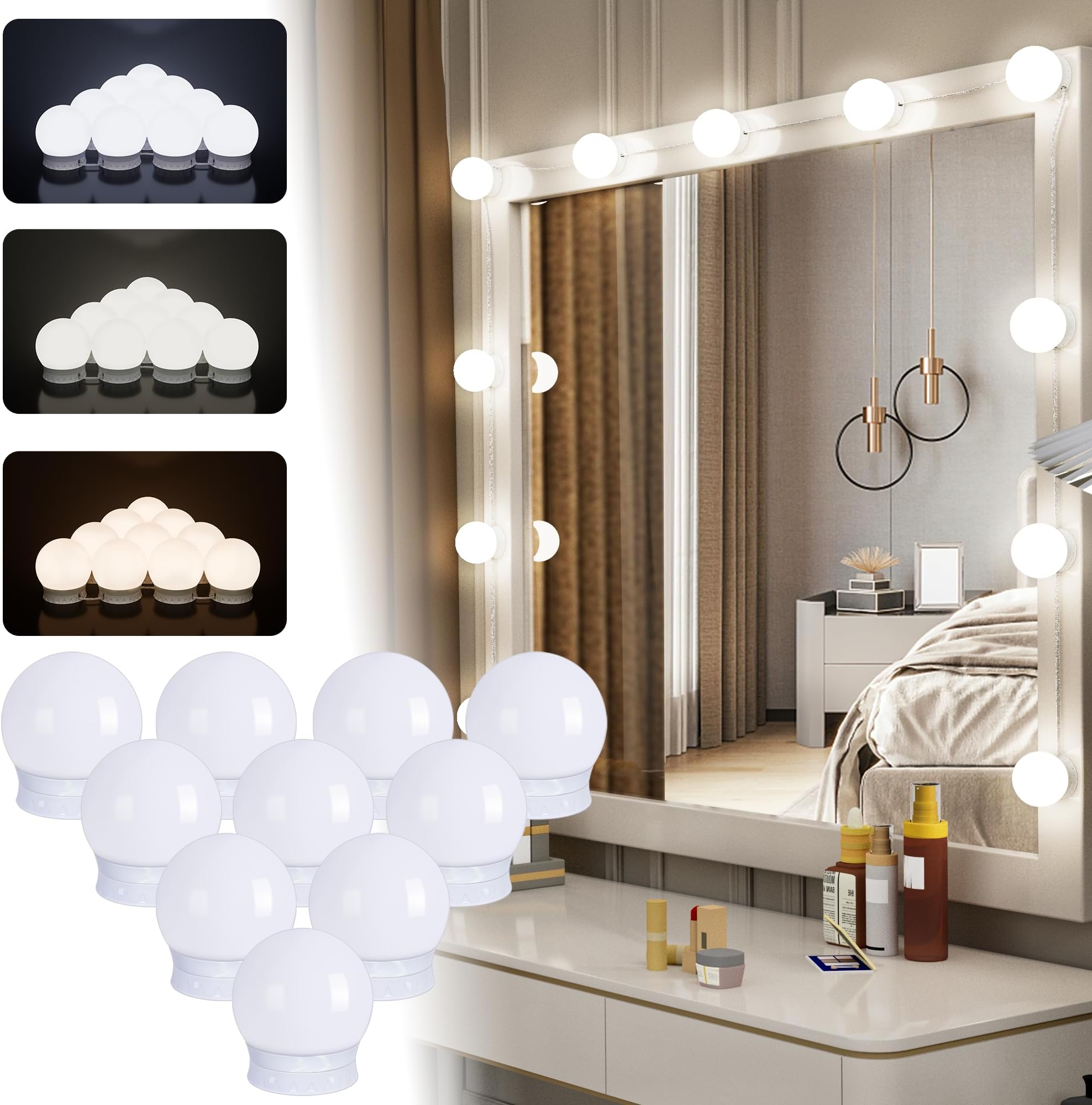 Unisun Vanity Lights for Mirror with USB Cable - 10 Bulb Dimmable Stick ...
