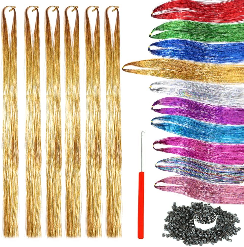 Amazon.com : Golden Tinsel Hair Extensions with Tools 6 Packs 1380 ...