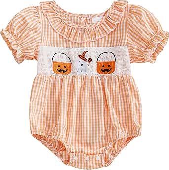 Amazon.com: Infant Baby Girl Summer Outfits Pumpkin Plaid Ruffle Short Sleeve Romper Smocked ...