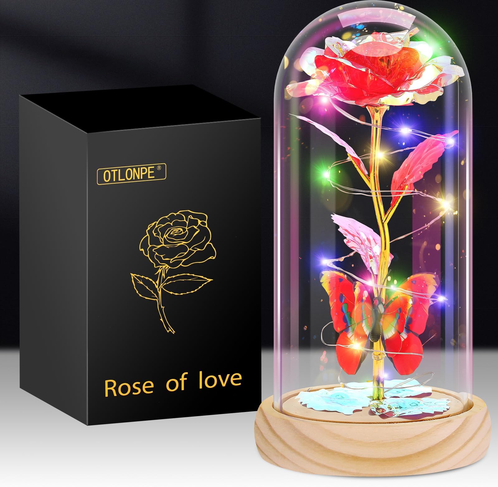 Ewige Rose im Glas, Ewige Rose Geschenke mit LED-Licht, Glaskuppel ...
