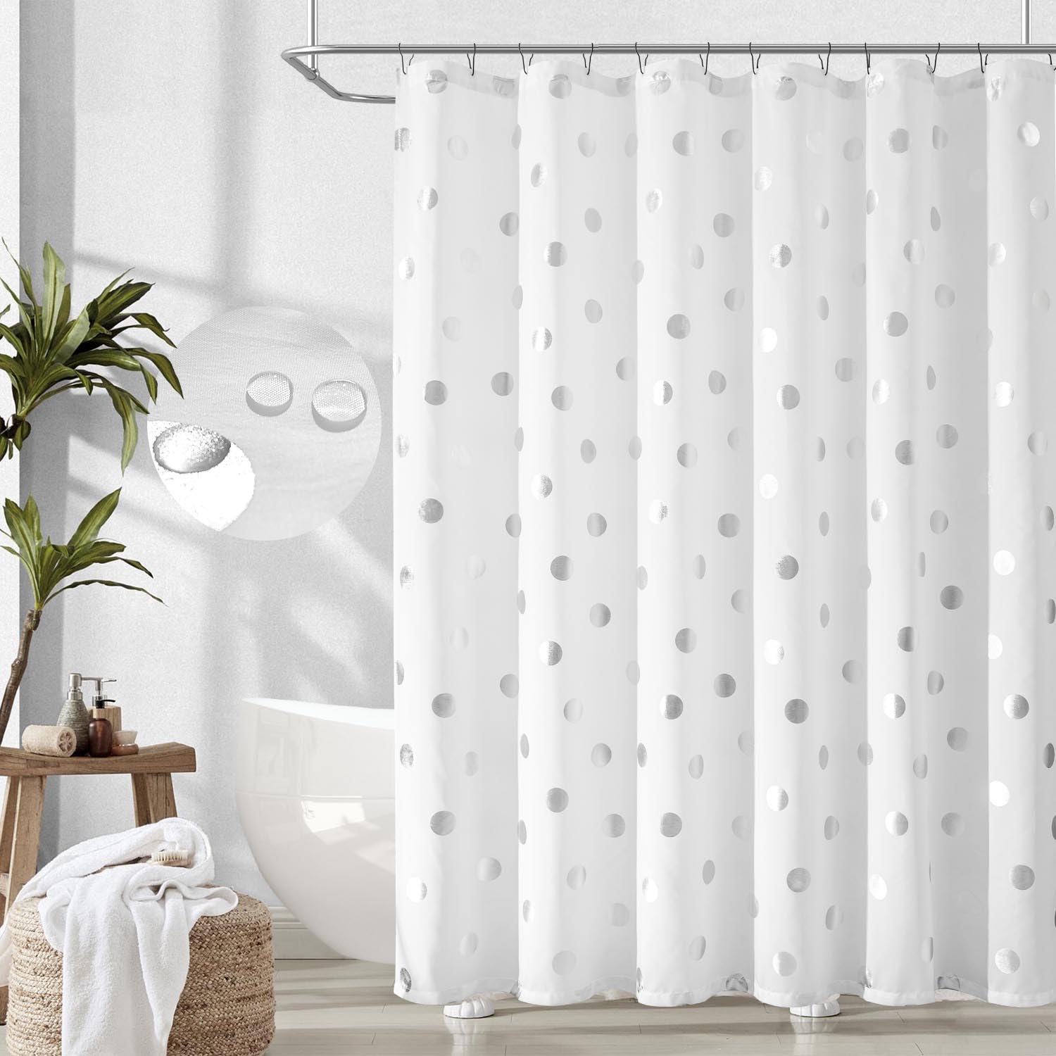 Amazon.com: jinchan White and Silver Polka Dot Shower Curtain, Silver ...