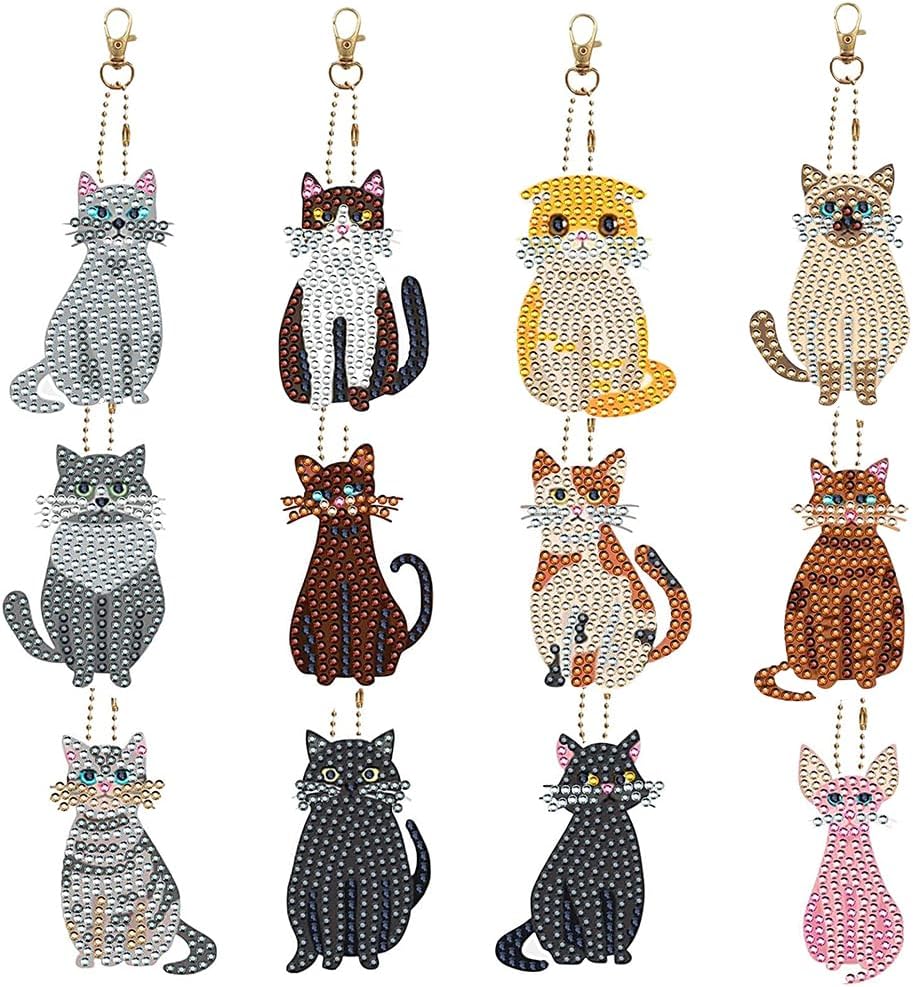 CJBIN 5D Diamond Art Keyrings, 12 Pcs Cat Keyring, Double Sided Art ...