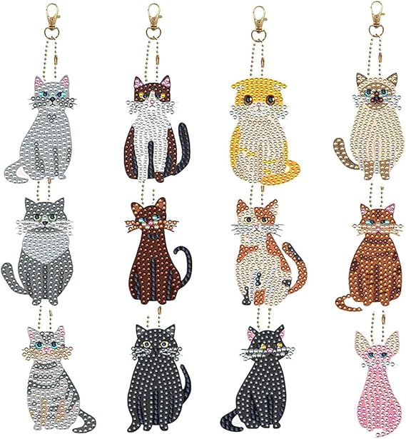 CJBIN 5D Diamond Art Keyrings, 12 Pcs Cat Keyring, Double Sided Art ...