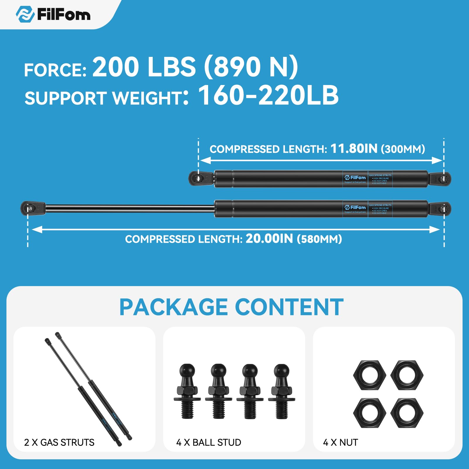 Snapklik.com : 20 Inch 200Lb/890N Gas Struts, Shocks For Heavy Duty RV ...