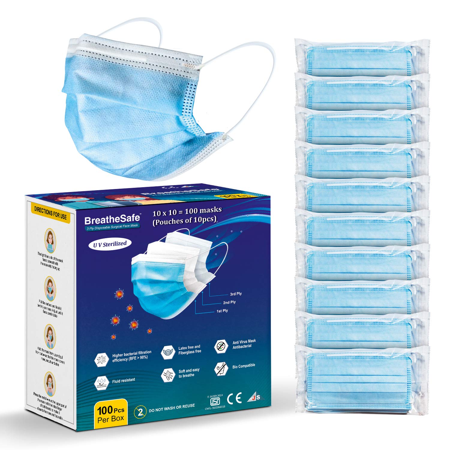 Buy BreatheSafe 3 Ply Surgical , BFE & PFE >99%, ISI, BIS, CE, ISO ...