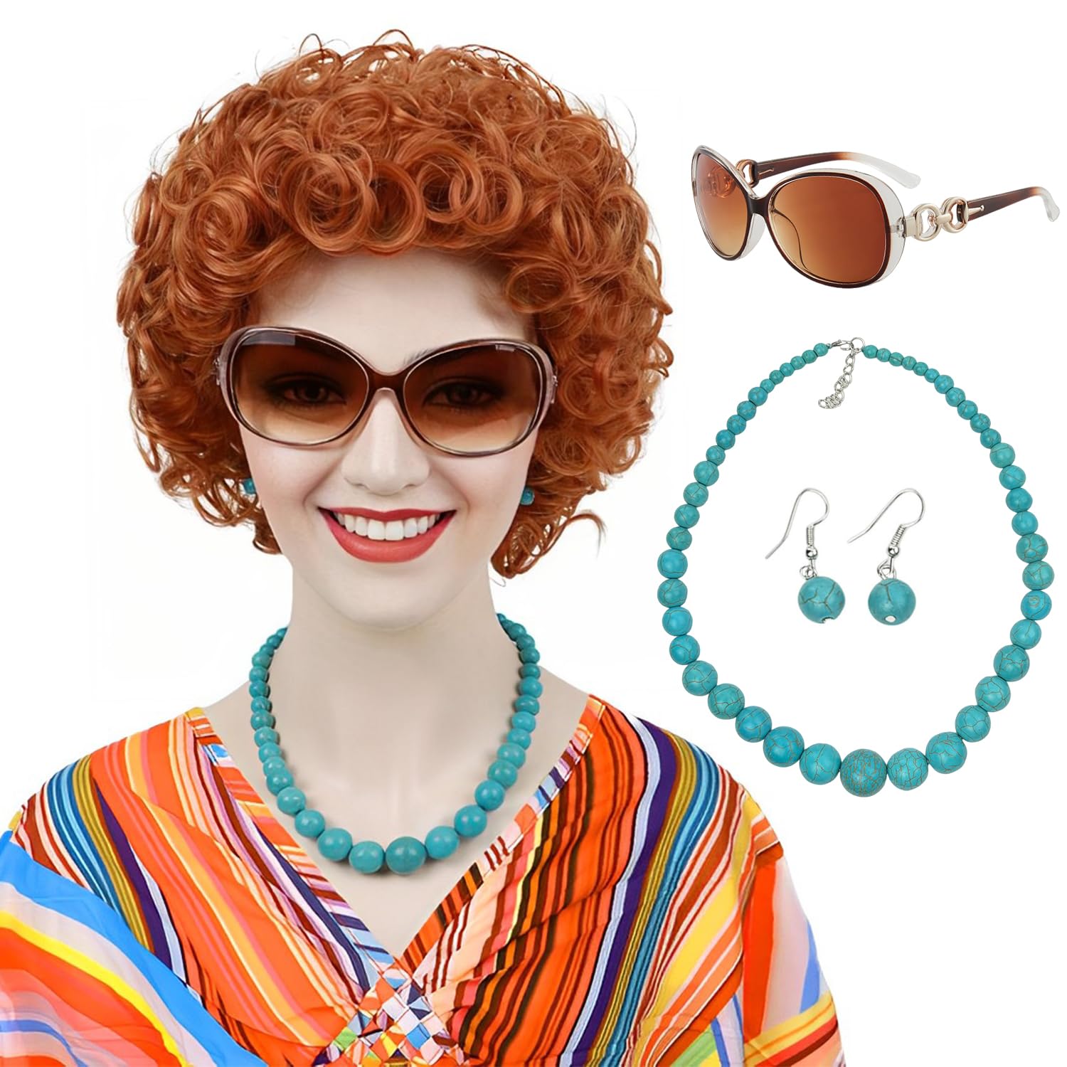 Amazon.com: G&T Wig Orange Red Curly Wig and Glasses Jewelry Set for ...