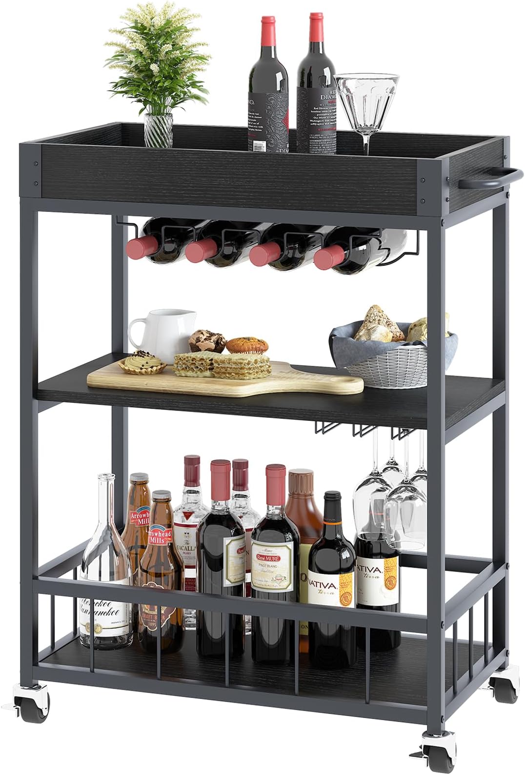 Bar Cart Serving Wine 3 Tier Home Rolling Rack with Wheels Mobile ...