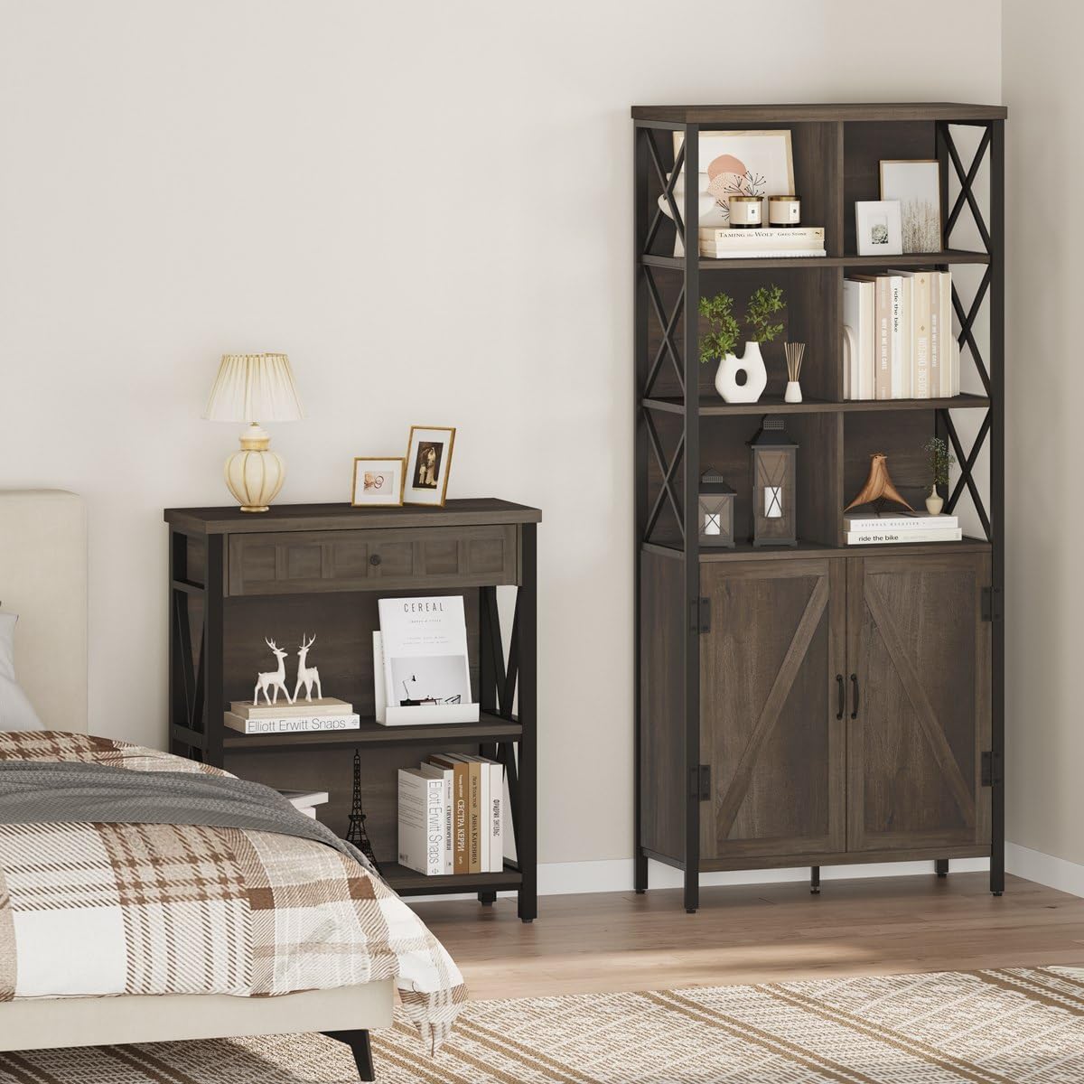 Amazon.com: FATORRI Rustic Bookcase with Doors and Small Bookshelf with ...