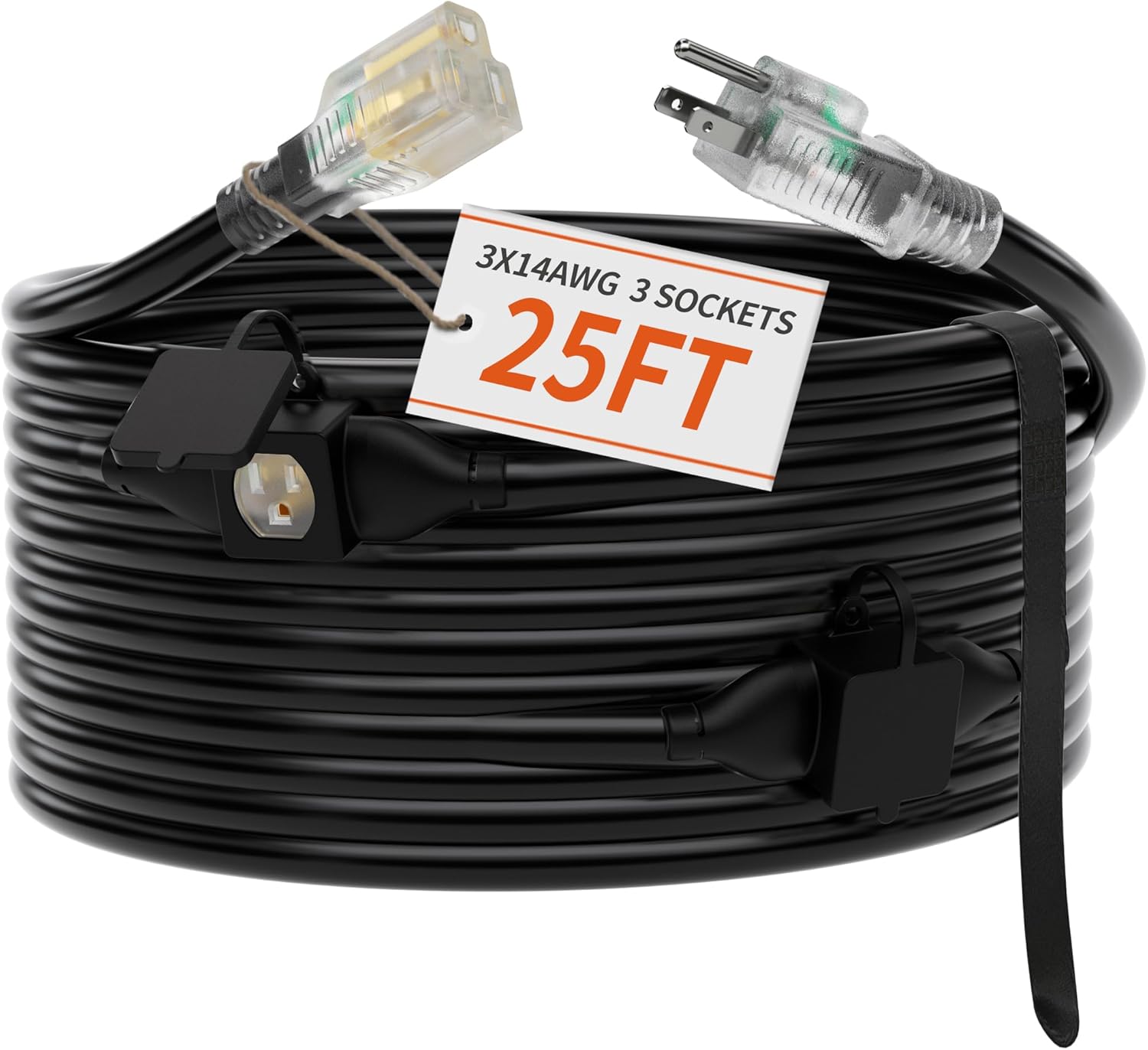 PlugSaf 25 FT Outdoor Extension Cord with Multiple Outlets, 14/3 Gauge ...